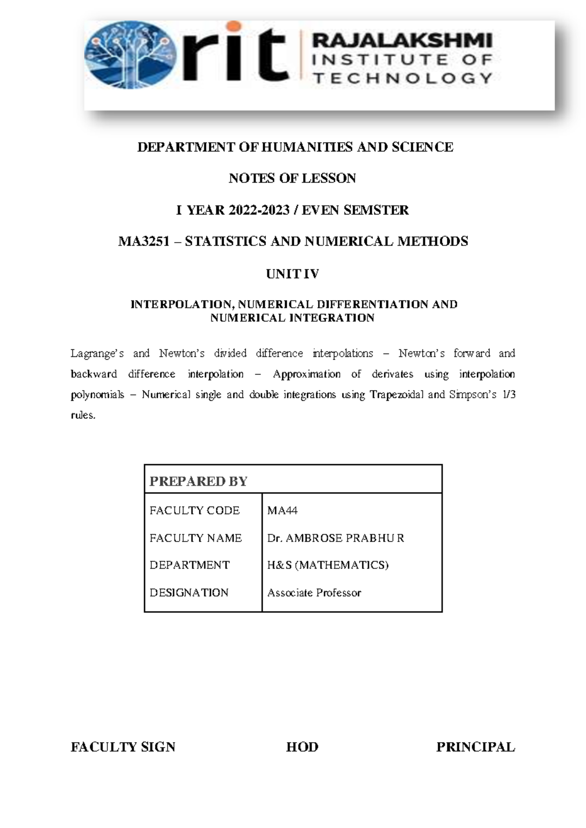 MA3251 - Statistics & Numerical Methods: Unit IV Lecture Notes - Studocu