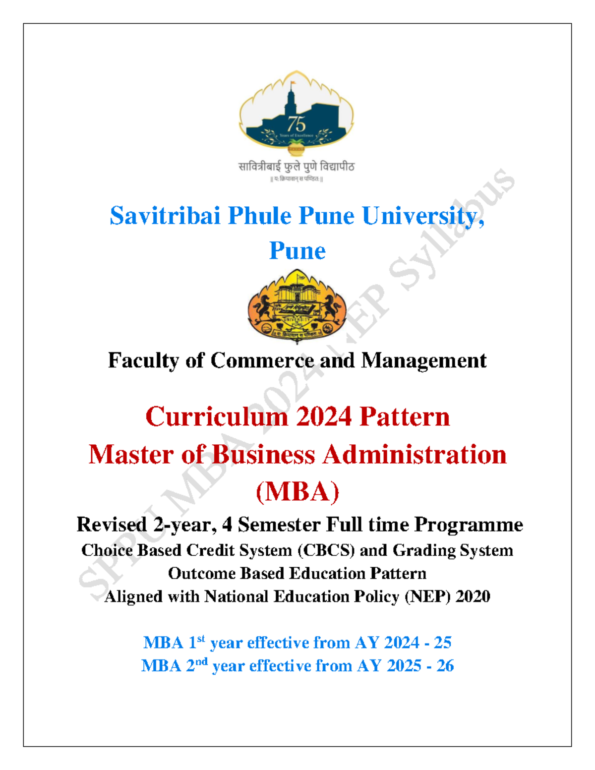 Revised MBA Syllabus 2024 Pattern (NEP 2020) - Savitribai Phule Pune ...