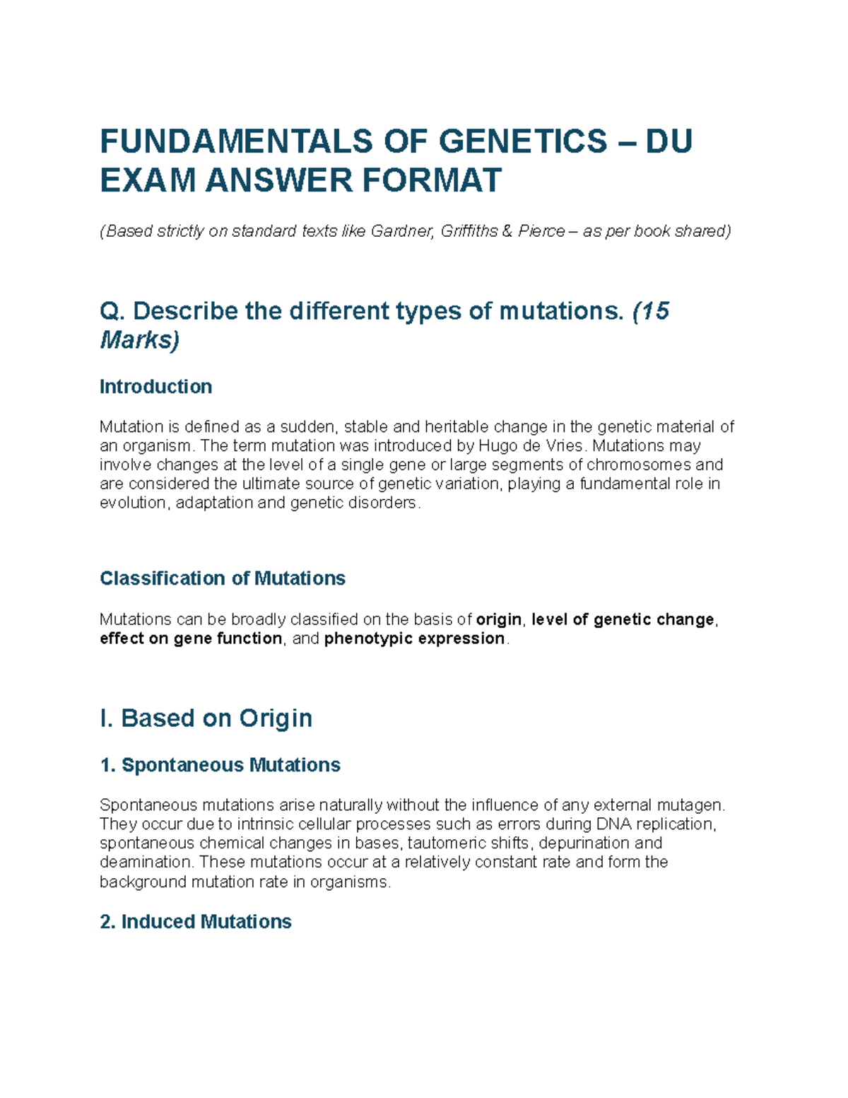 Fundamentals of Genetics - DU Exam Answer Format on Mutations and ...