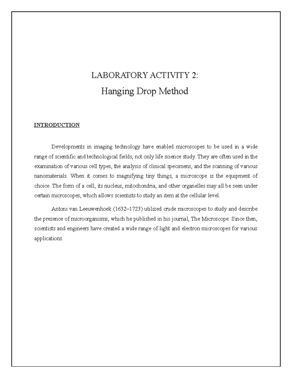 LAB2 Hanging Drop Method: Exploring Microbial Motility Techniques - Studocu