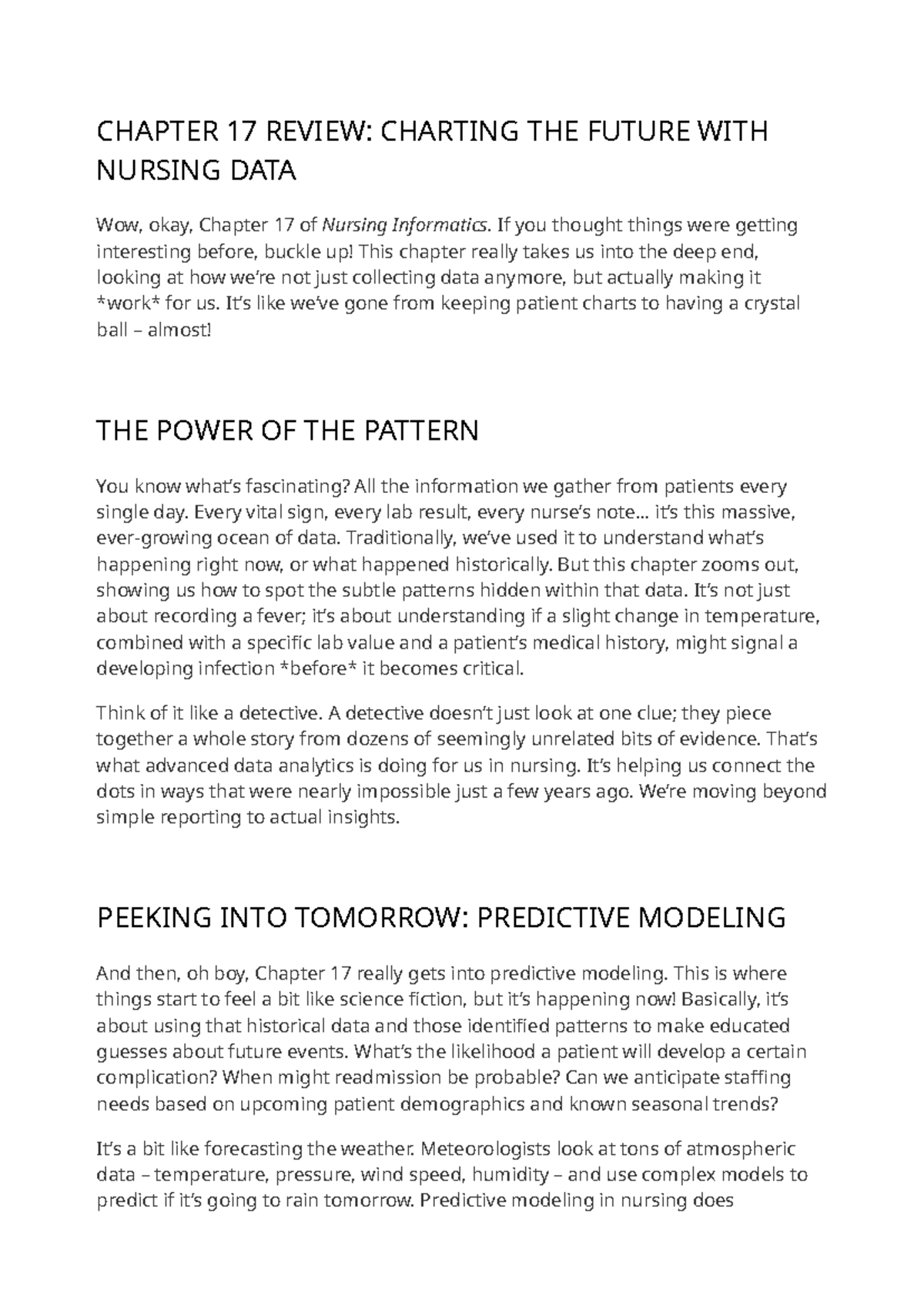 NURSING INFORMATICS CHAPTER 17 REVIEW: DATA & PREDICTIVE MODELING - Studocu