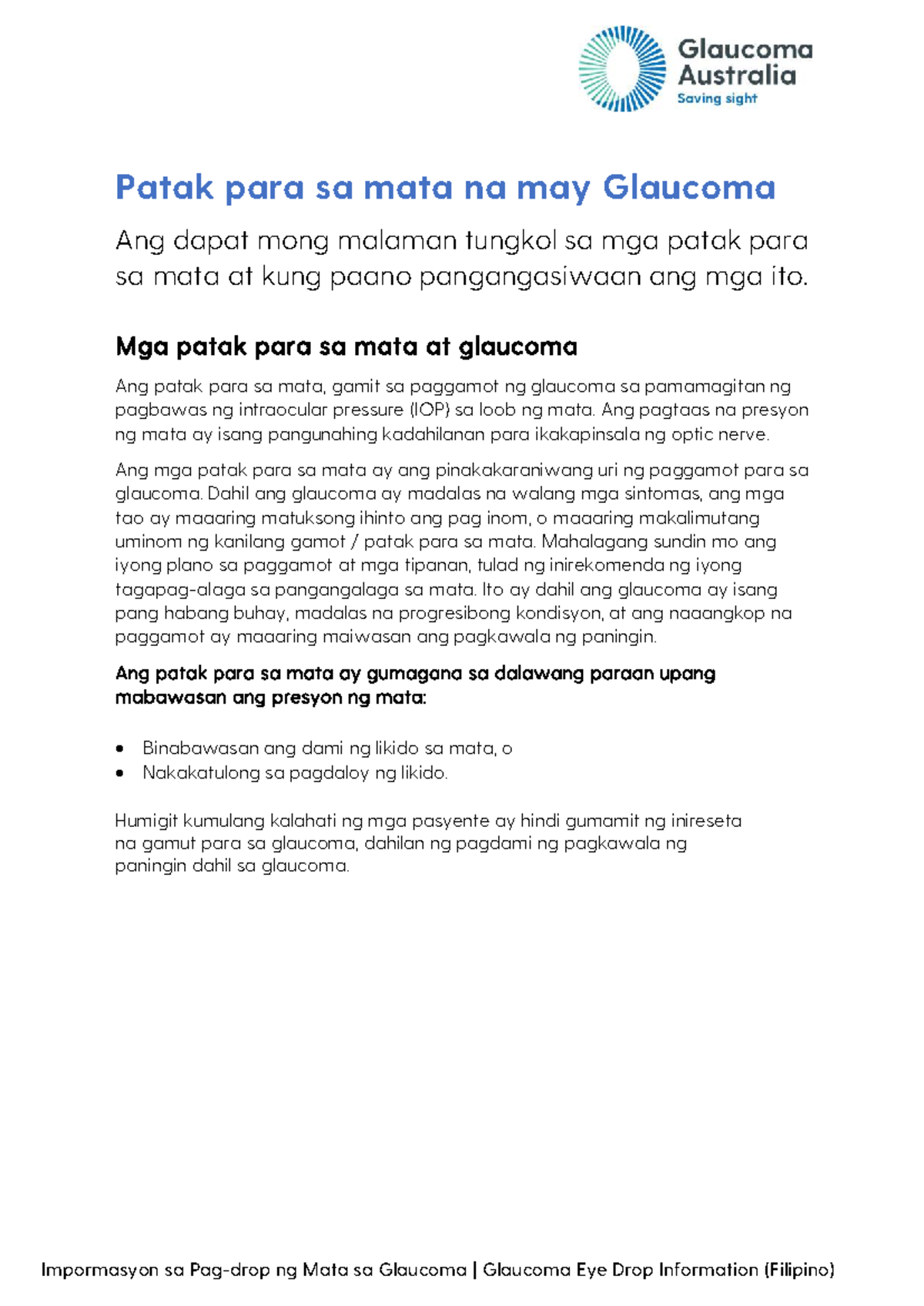 Mga Patak para sa Mata at Glaucoma: Impormasyon at Paggamit (NURS 283 ...