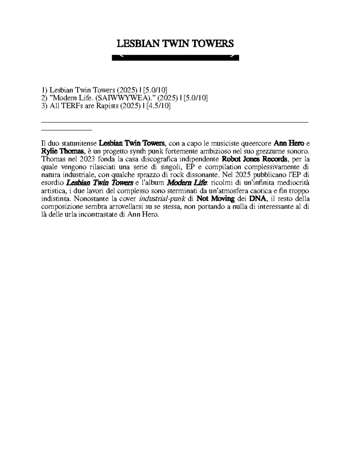 Lesbian Twin Towers - Appunti su Musica Queercore e Synth Punk - Studocu