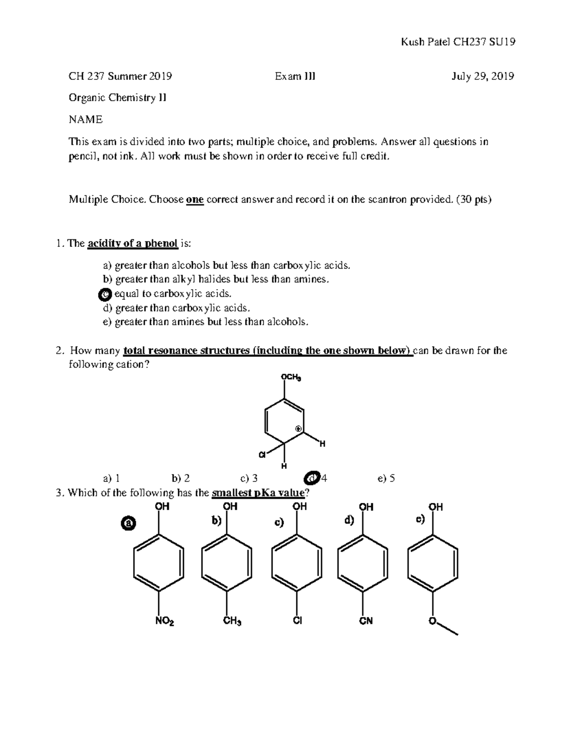 CH 237 Summer 2019 Mock Exam 3 - Kush Patel CH237 SU19 CH 237 Summer ...