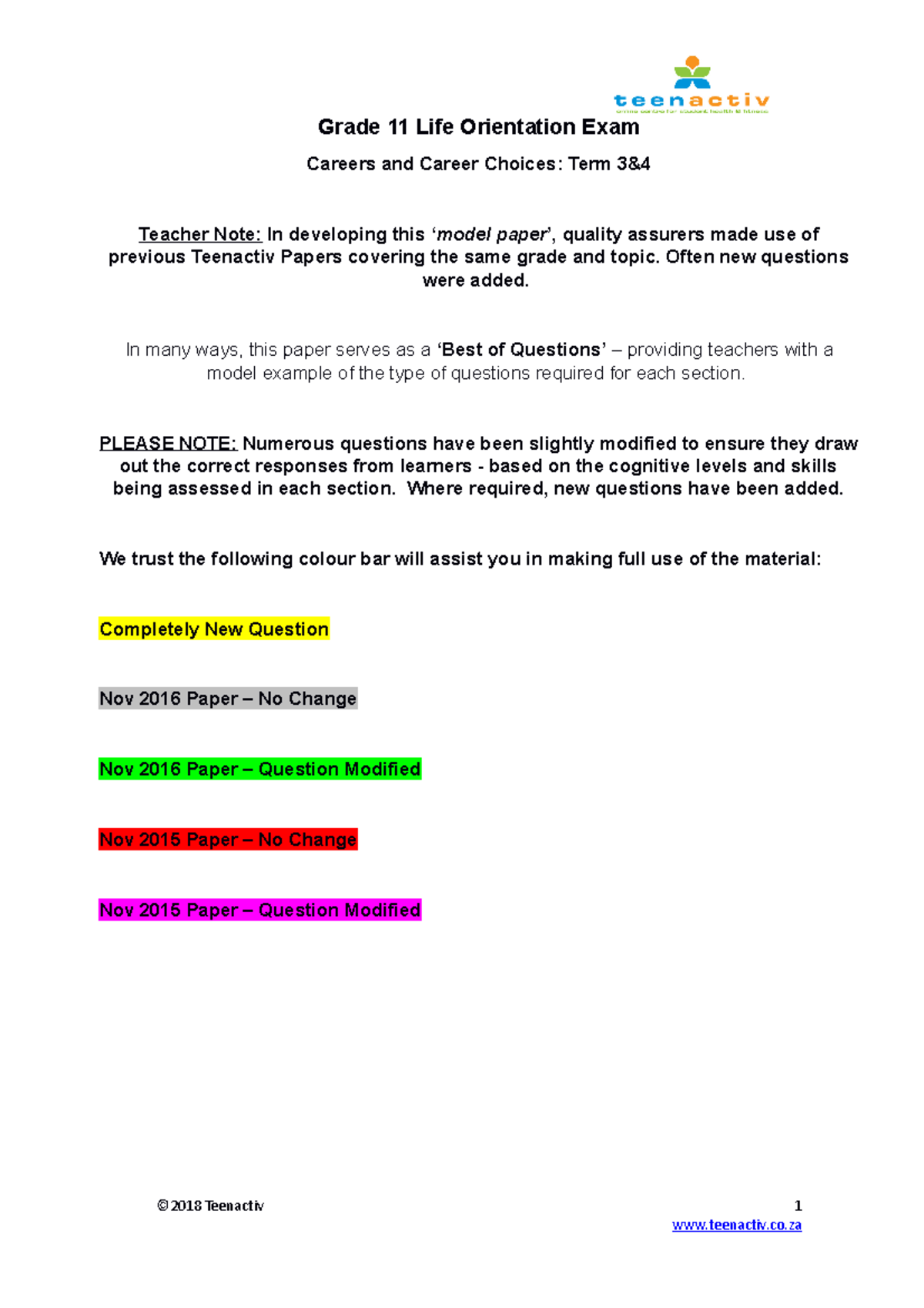 Grade 11 LO T3 2018 Exam Questions & Memo: Careers Choices Highlights ...