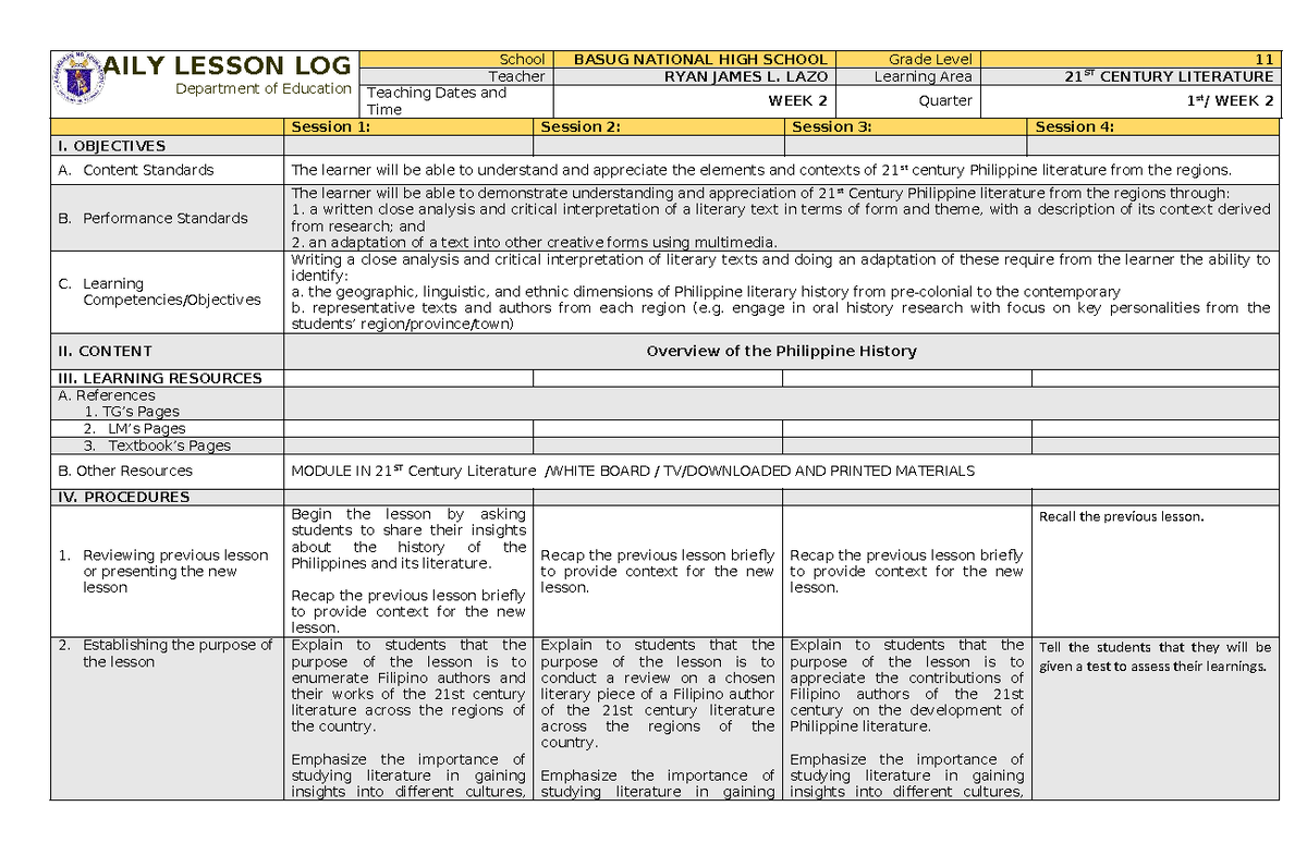 21ST CENTURY LITERATURE Lesson Plan - Week 2 (Grade Level) - Studocu