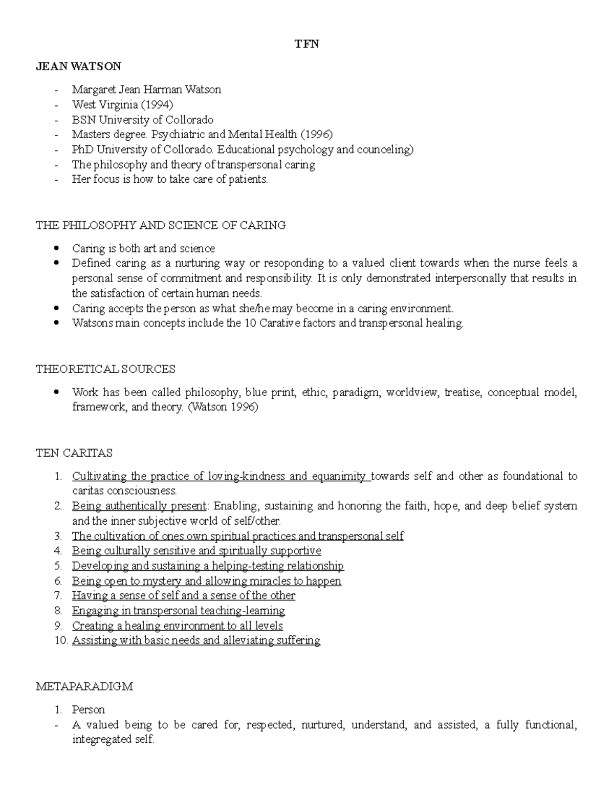 Jean watsons TFN - theoretical foundation of nursing - TFN JEAN WATSON Margaret Jean Harman ...