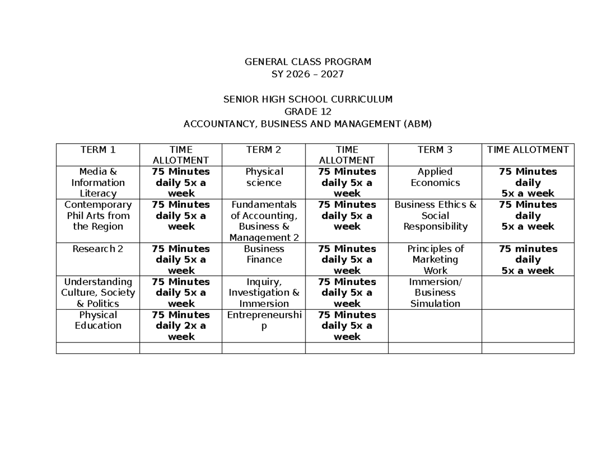 Final General Class Program SY 2026-2027 Senior HS Grade 12 Curriculum ...