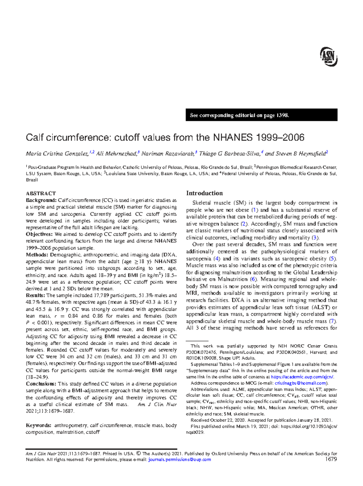Calf Circumference Cutoff Values for Muscle Mass Assessment in NHANES ...