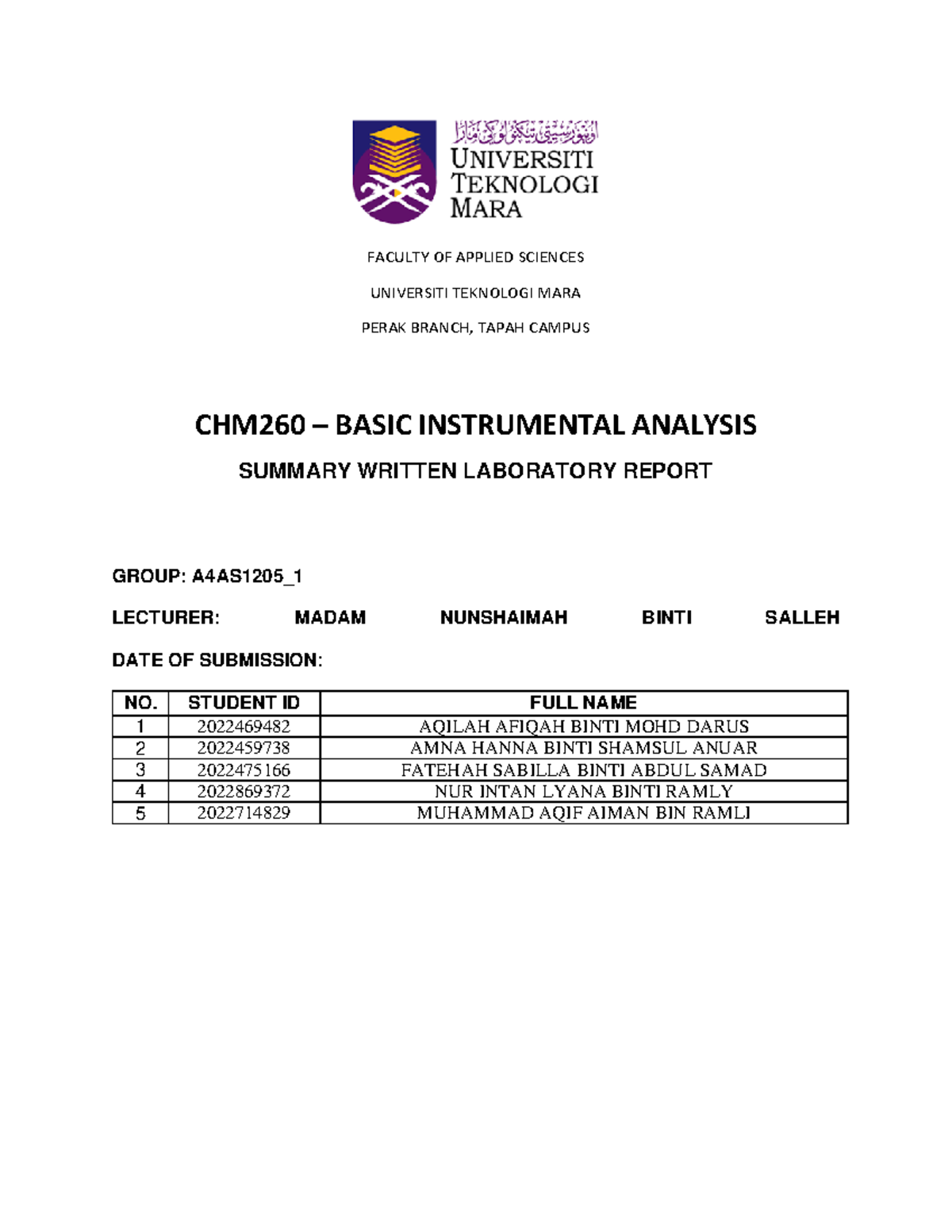 CHM260 Experiment 3 LAB Report - FACULTY OF APPLIED SCIENCES UNIVERSITI ...
