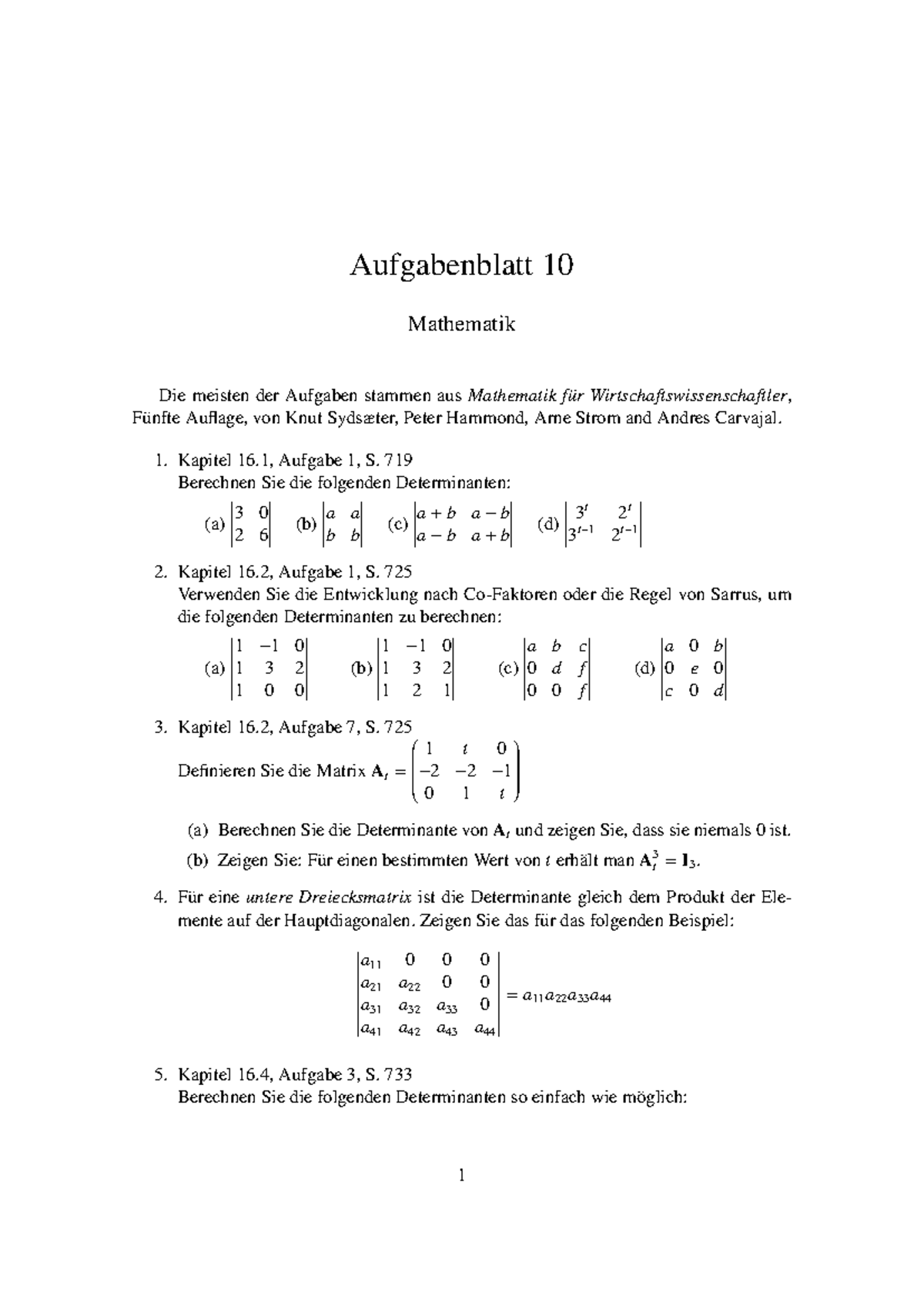 Aufgabenblatt 10: Determinanten und Matrizen (Mathematik) - Studocu