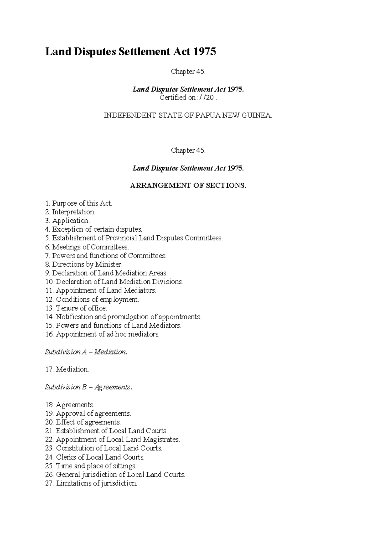 Land Disputes Settlement Act 1975 - Chapter 45 Overview - Studocu