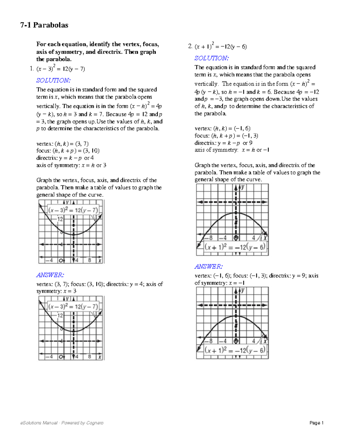 7-1 Parabolas: Vertex, Focus, and Directrix Analysis - Studocu