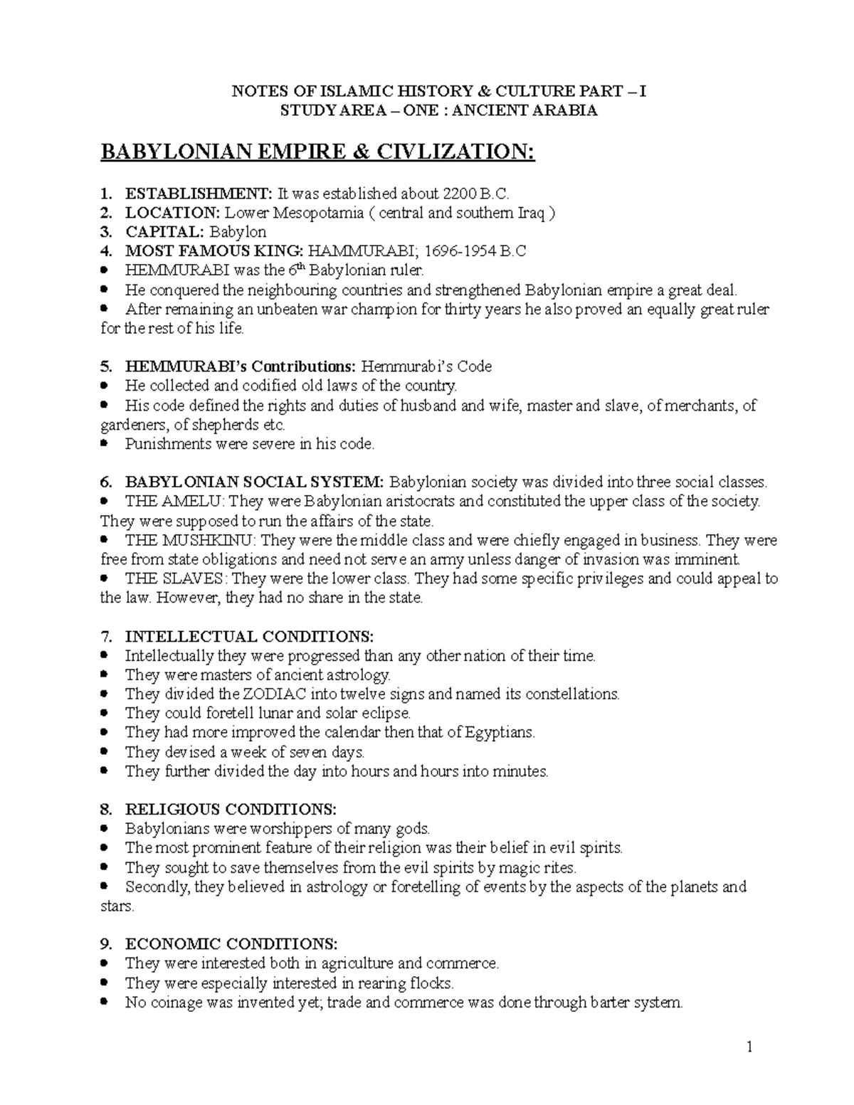 Islamic History - I: Ancient Arabia & Early Civilizations Notes - Studocu