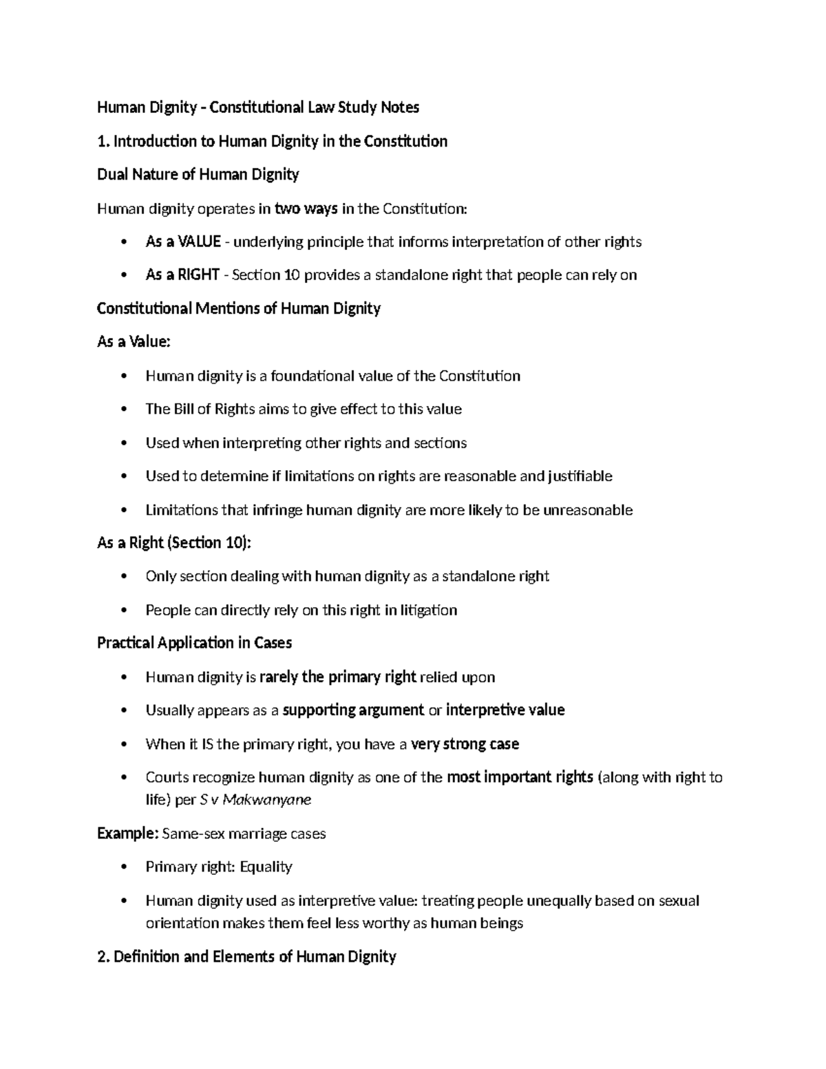 Human Dignity in Constitutional Law: Study Notes for LAWS 101 - Studocu
