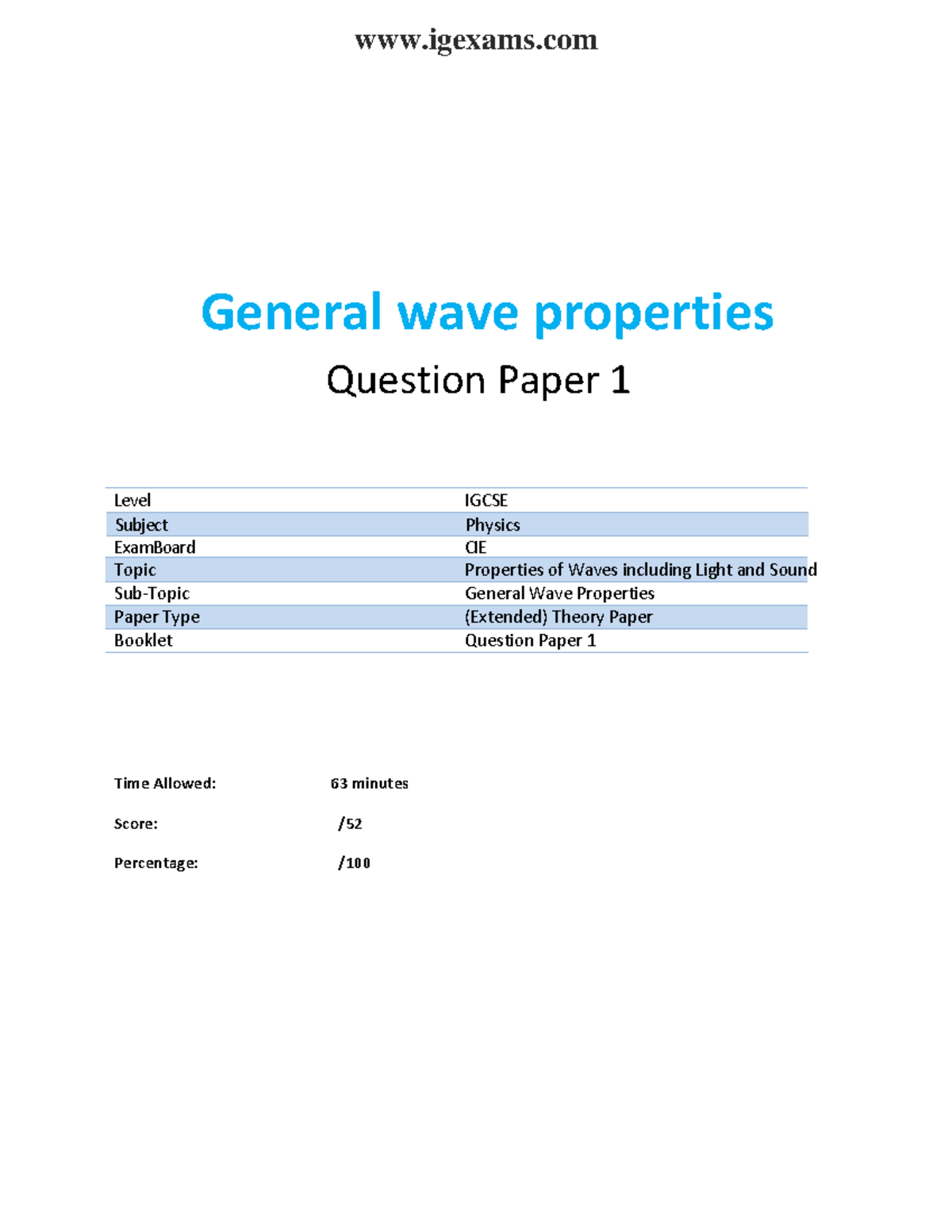 General Wave Properties IGCSE Physics CIE Extended Theory QP - Studocu