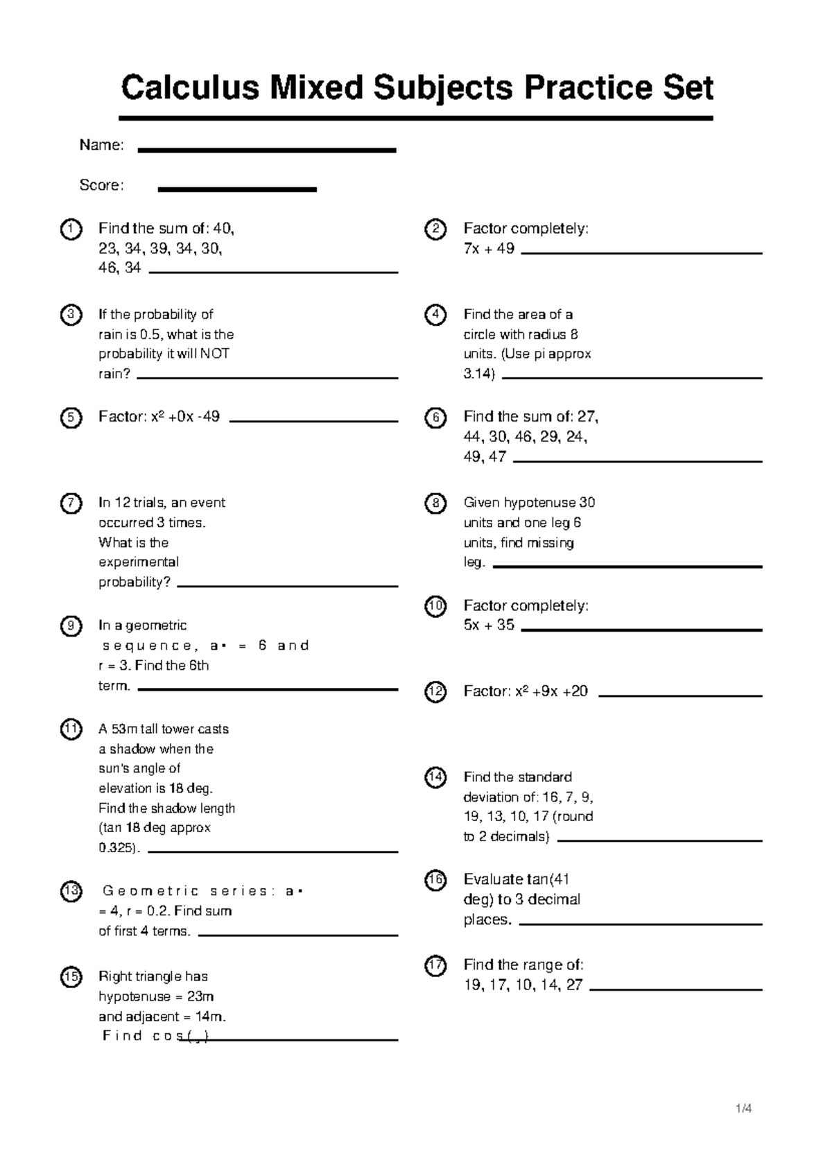 Calculus Mixed Subjects Practice Set 4: Problem Solutions and Answers ...
