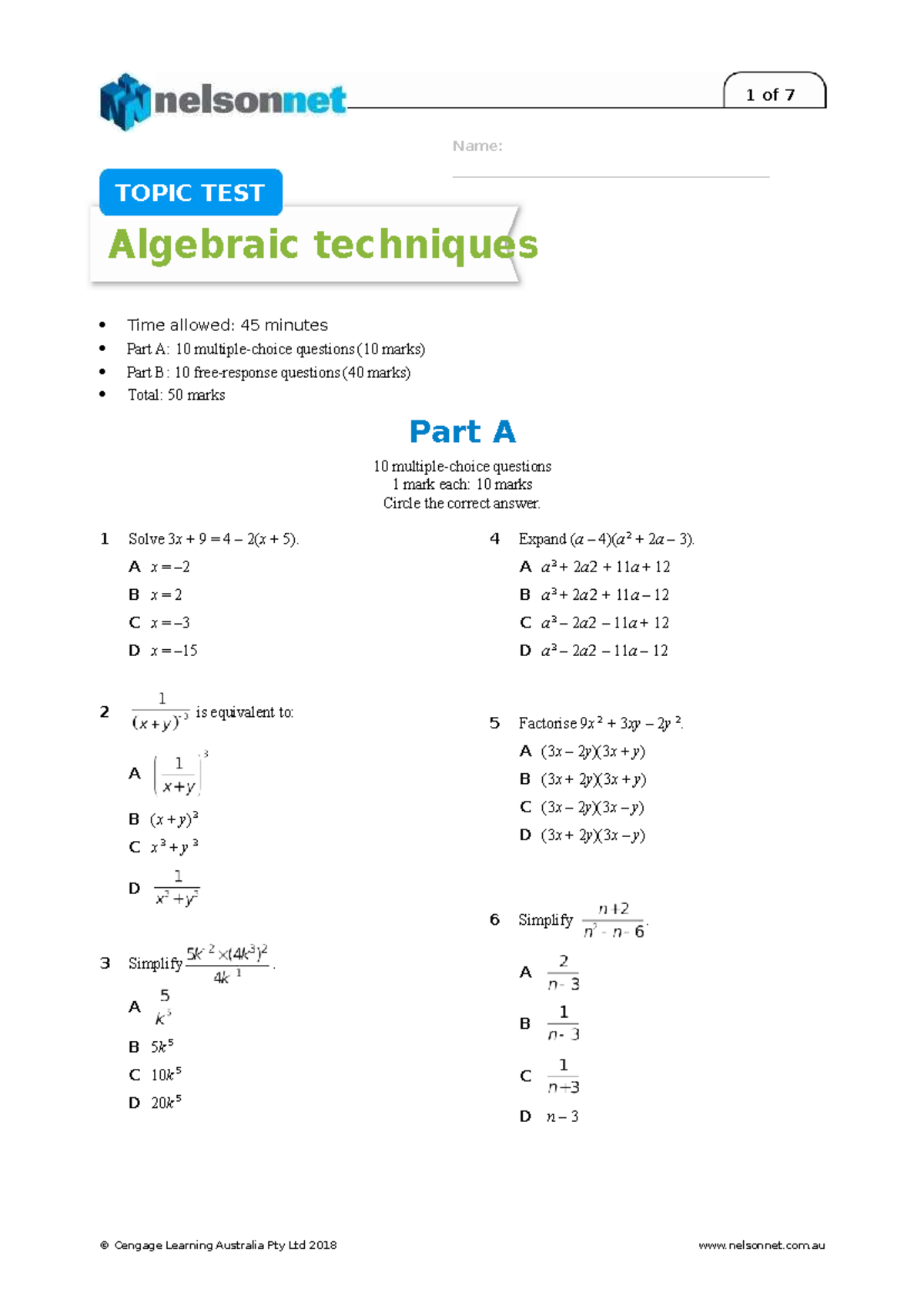 Algebraic Techniques Topic Test (45 min) - 1 of 7 - Studocu