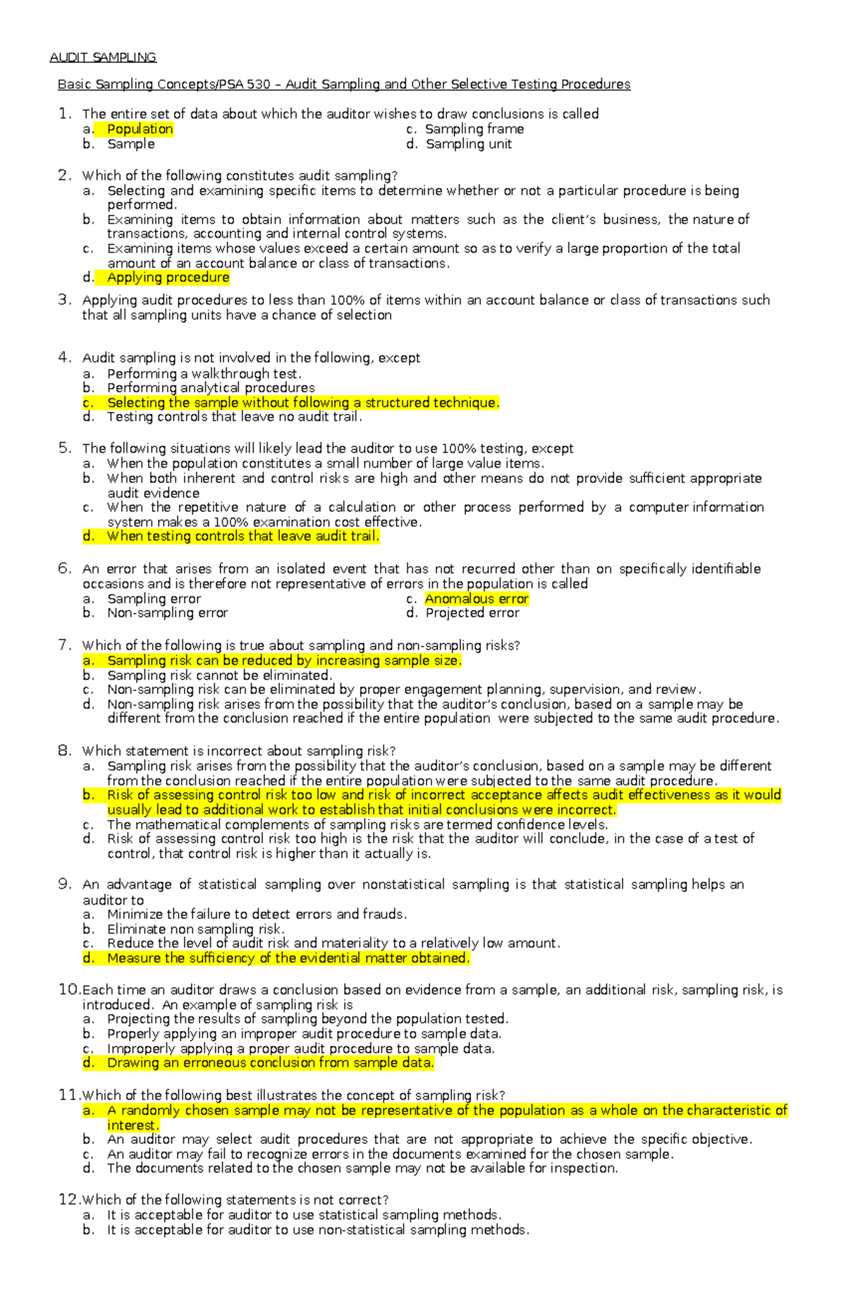 Audit-Sampling-Quiz - Audit - AUDIT SAMPLING Basic Sampling Concepts/PSA 530 – Audit Sampling ...