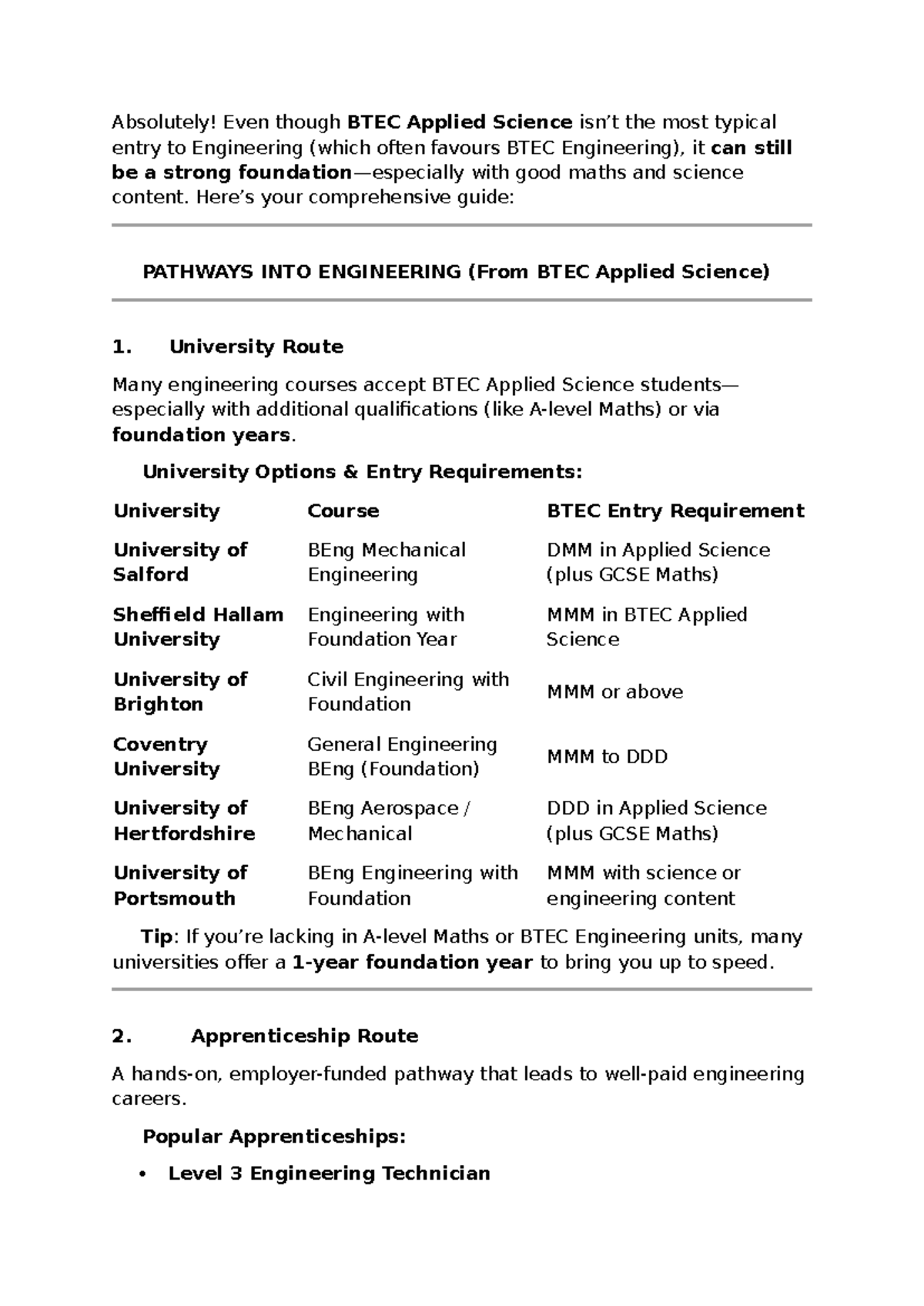 BTEC Applied Science Pathways into Engineering: University & Career ...