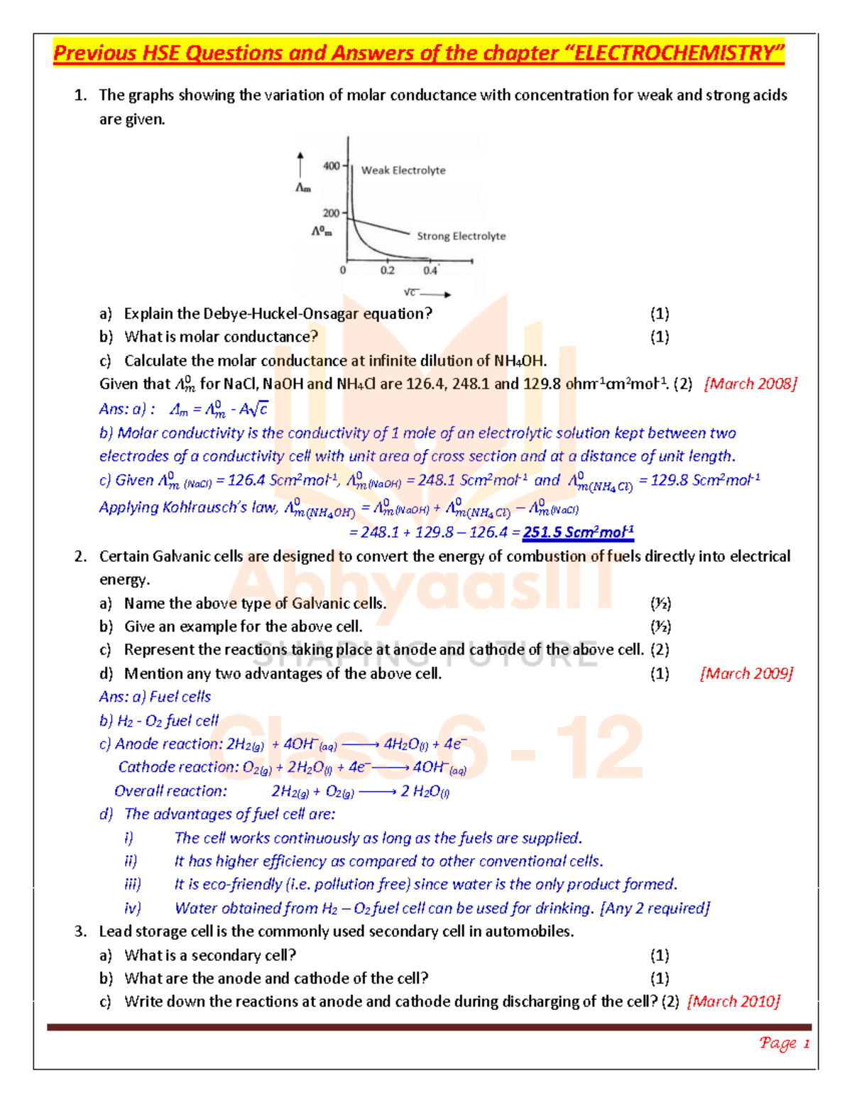 Chem-2. Electrochemistry: Previous Questions & Answers - Studocu
