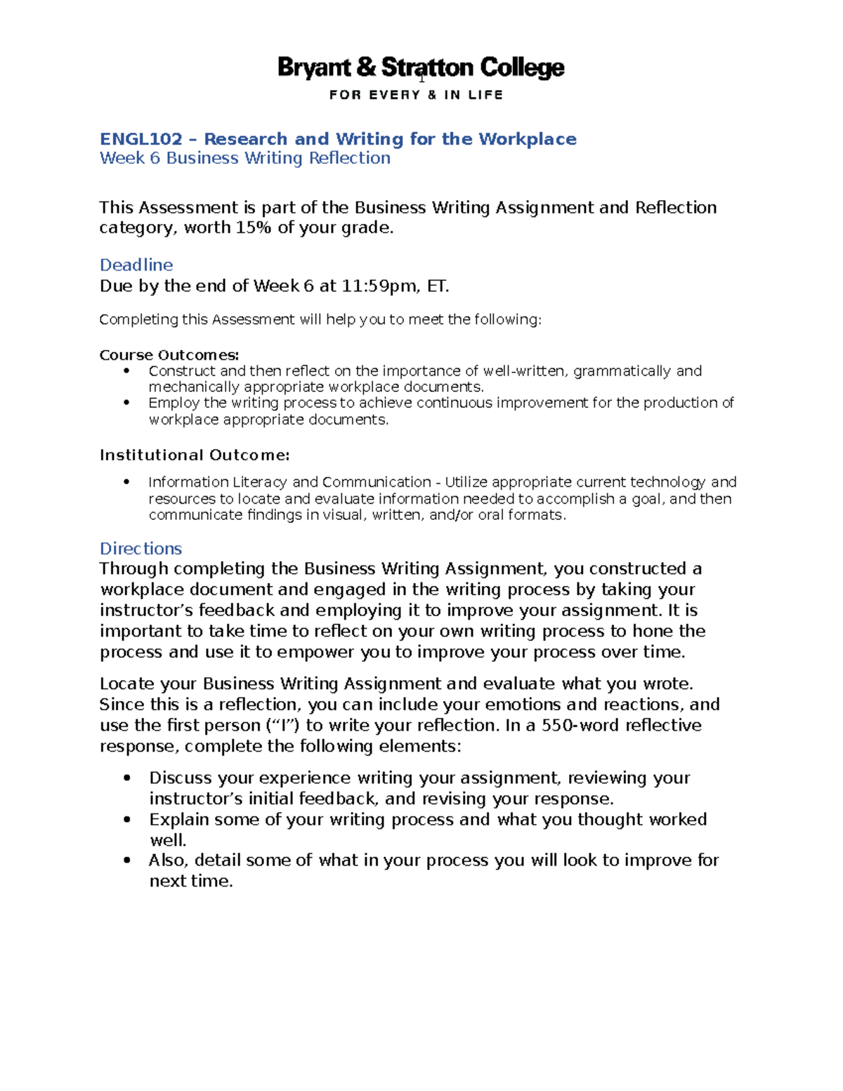 ENGL102 - Week 6 Reflection on Business Writing Assignment - Studocu