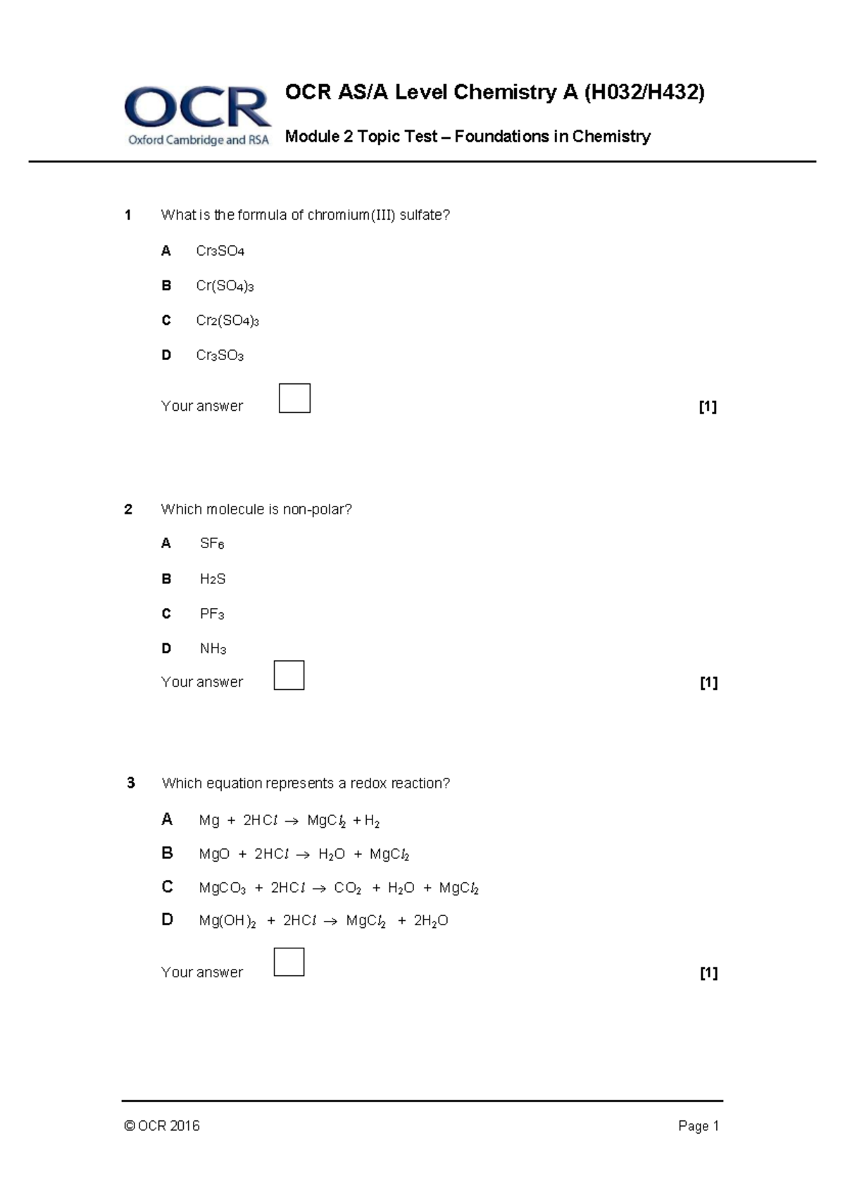 OCR Level Chemistry A Module 2 Topic Test: Foundations in Chemistry ...