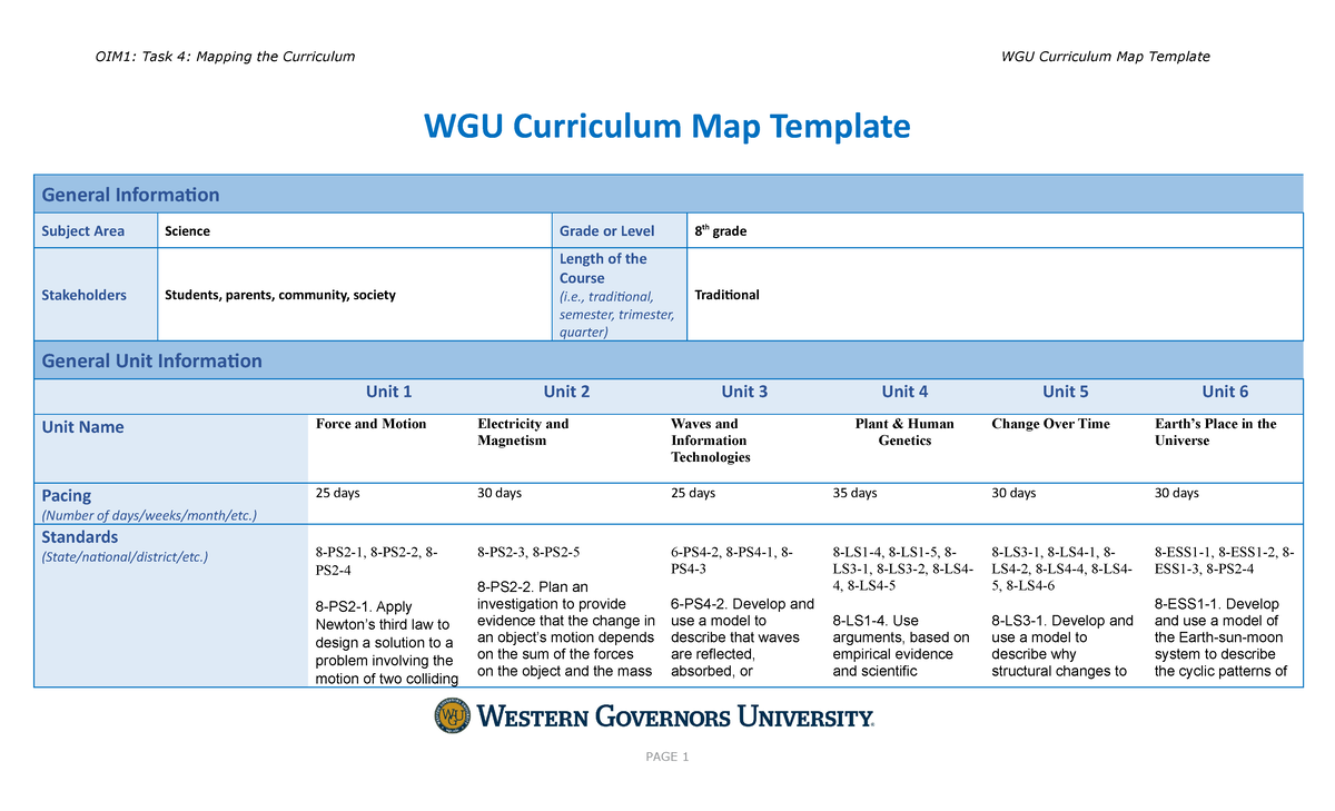Curriculum Map - task 4 - WGU Curriculum Map Template General ...