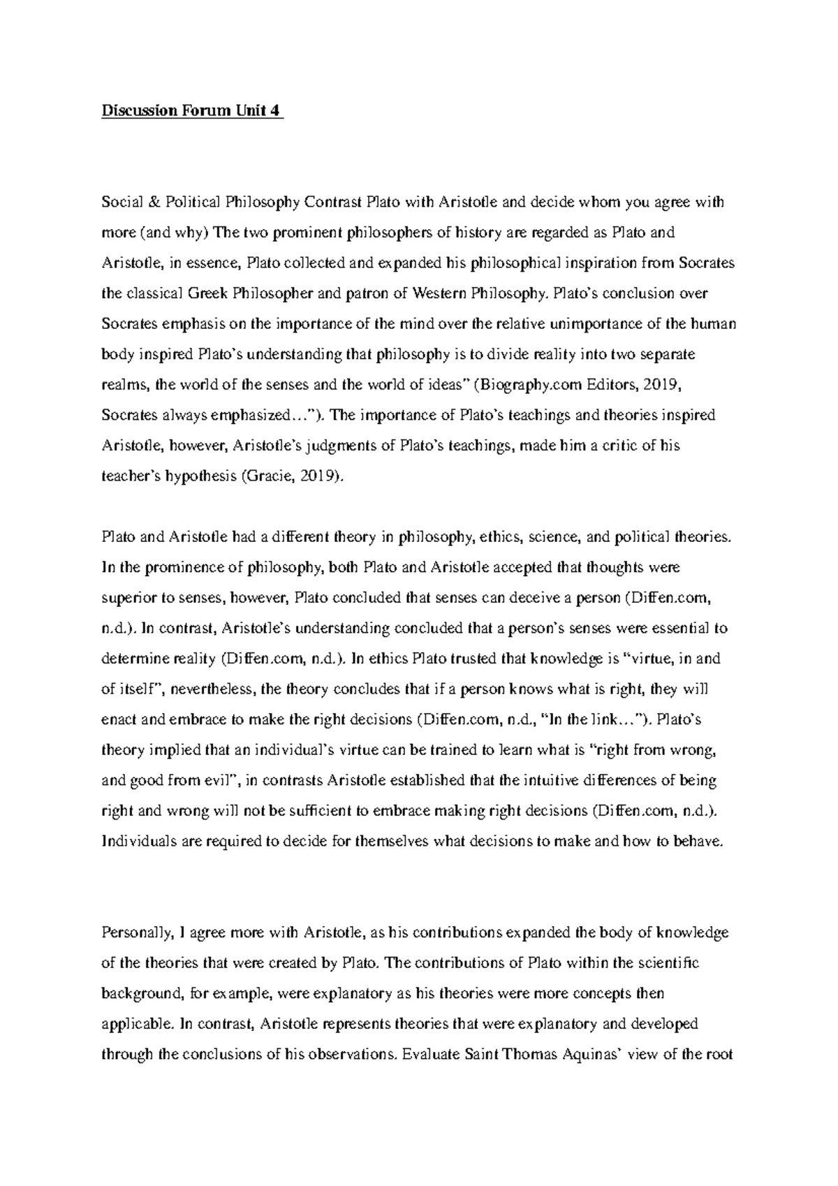 Phil 1402 WA unite 4 - unit 4 written assignment - Aristotle/ Plato/ St ...