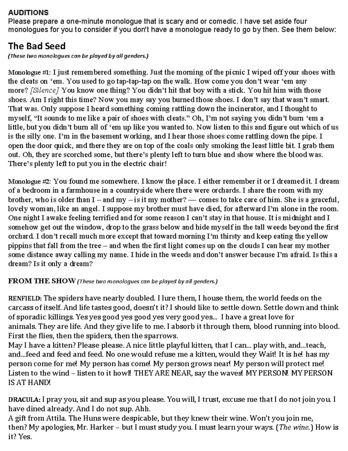 Dracula Audition Monologues: Scary & Comedic Selections - Studocu