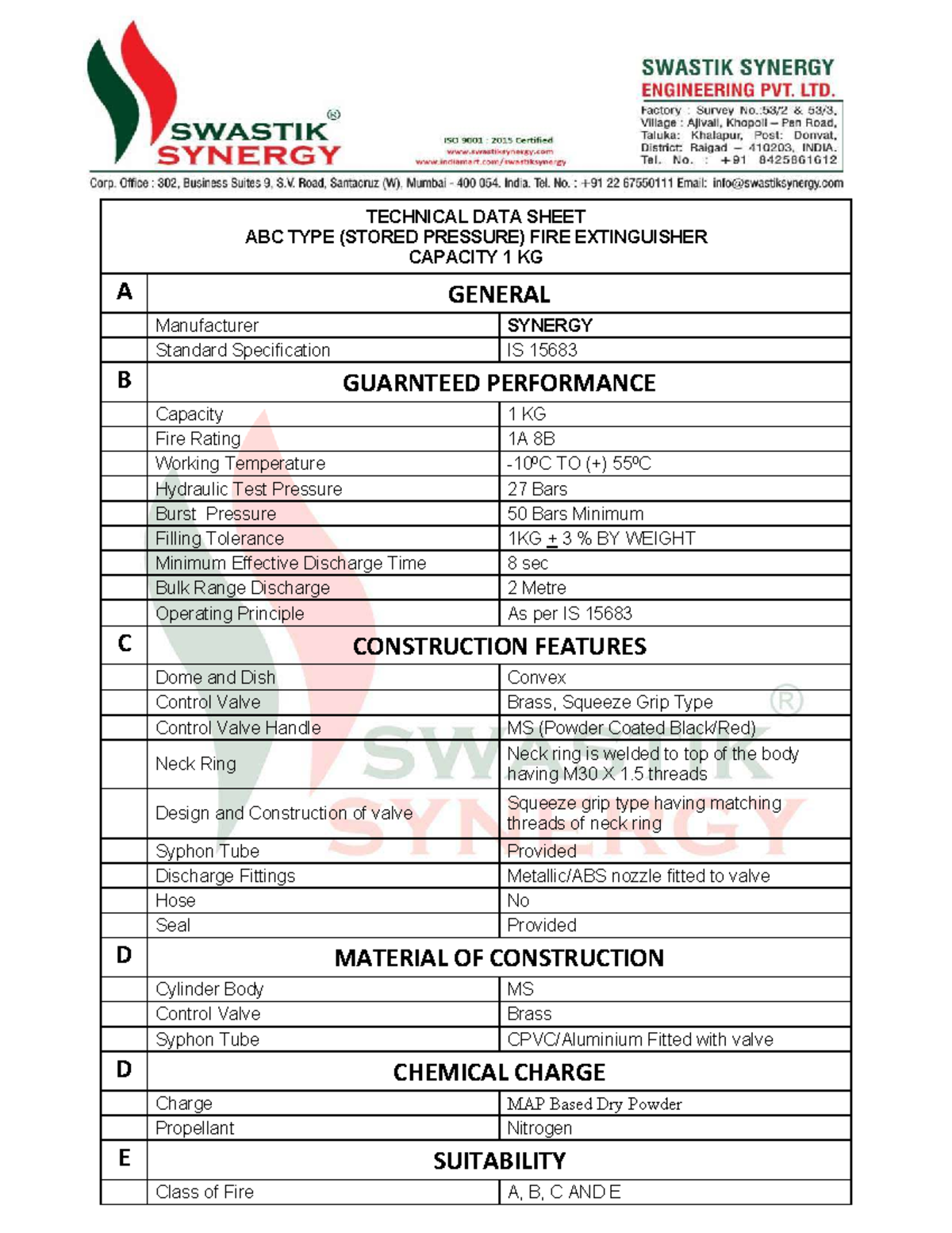 Technical Data Sheet: Swastik Synergy Fire Extinguishers (IS 15683 ...
