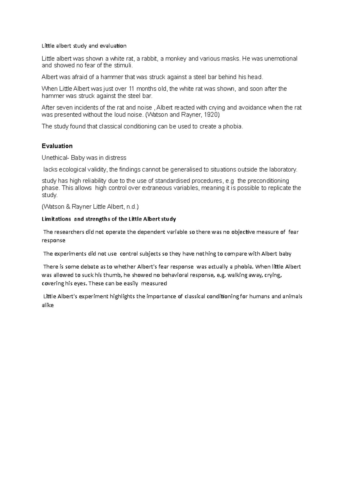 Little Albert Study: Classical Conditioning Evaluation & Analysis - Studocu