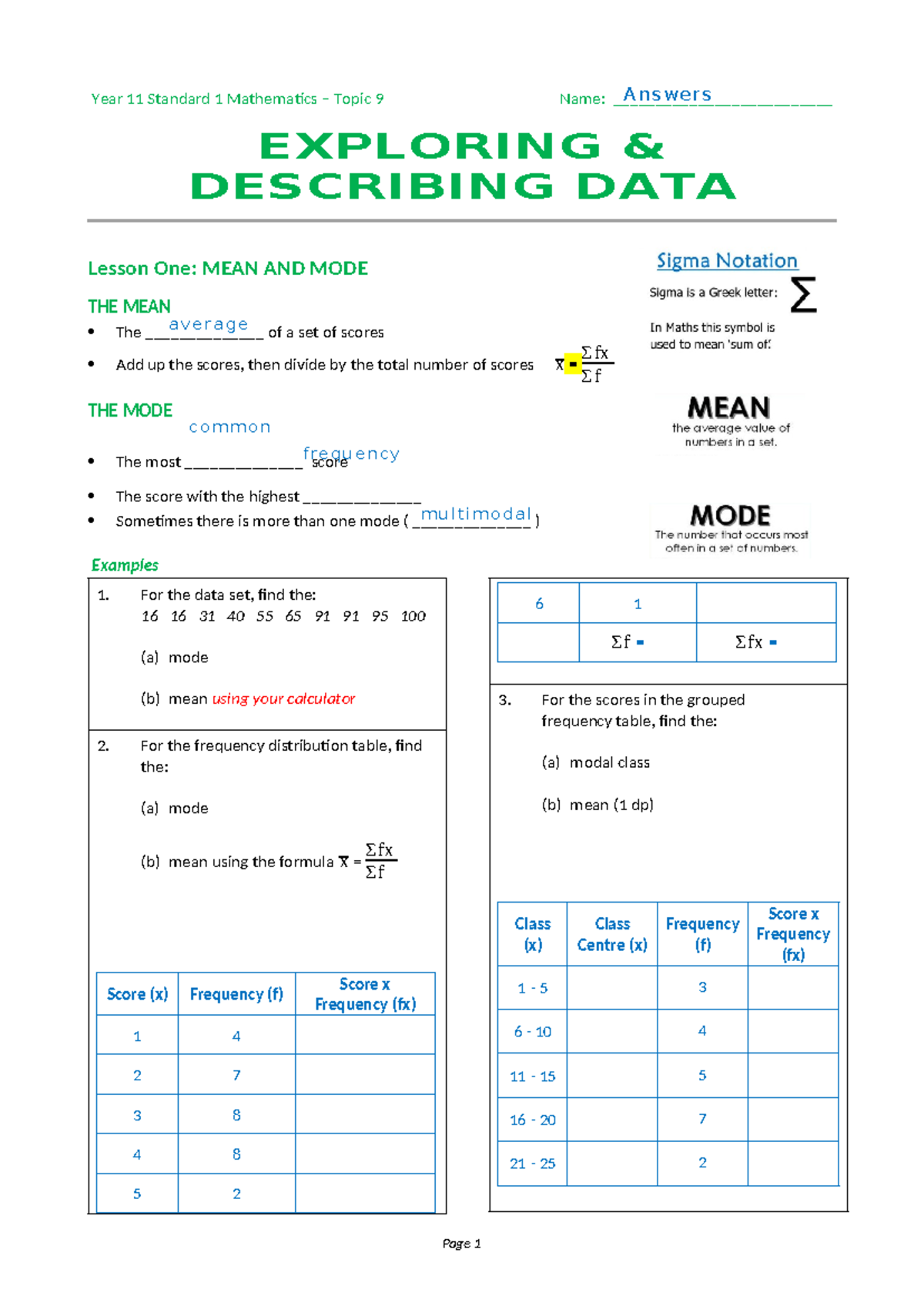 Year 11 Standard 1 Maths - Topic 9: Exploring & Describing Data Answers ...