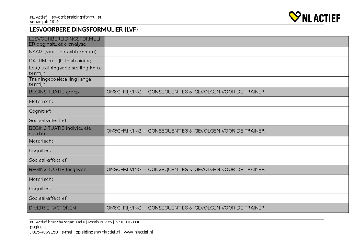 NL Actief Lesvoorbereidingsformulier (LVF) - Versie Juli 2019 - Studeersnel