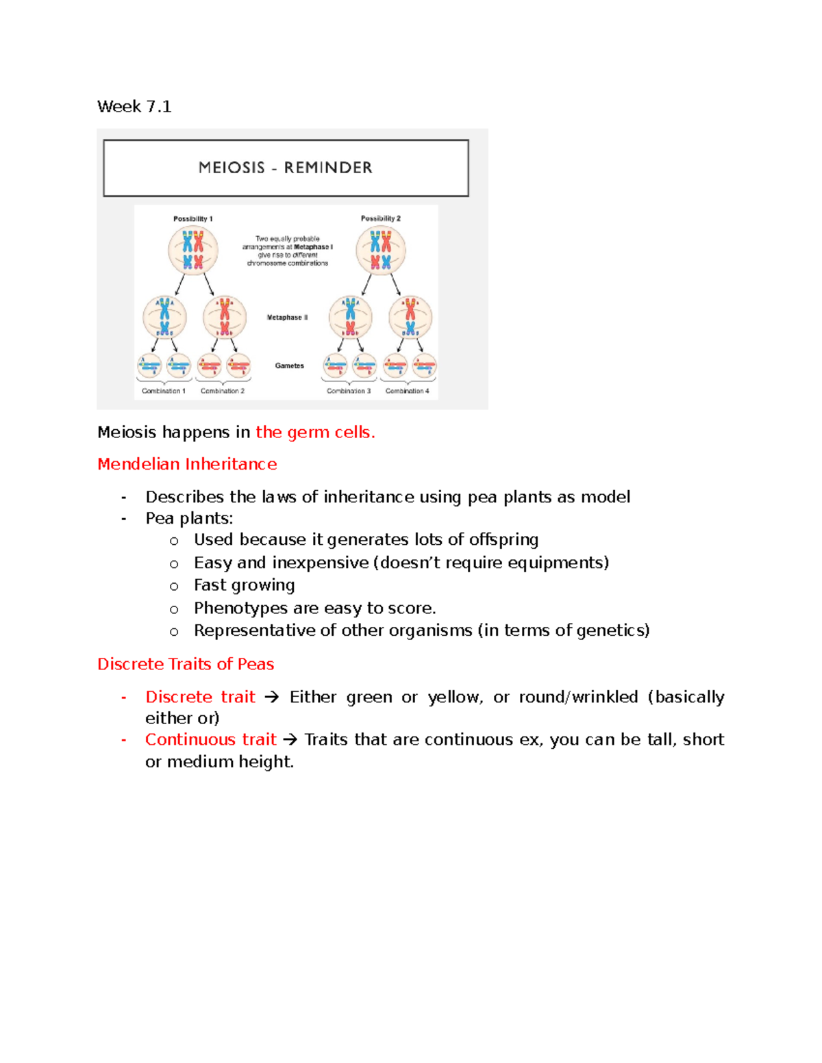 Genetics 101 - Week 7 Lecture Notes on Meiosis & Inheritance - Studocu