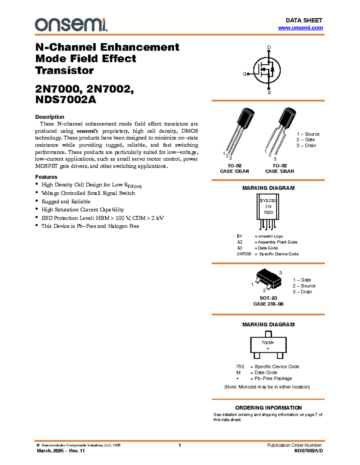 NDS7002A-D Specification Sheet: N-Channel FET Transistor Details - Studocu