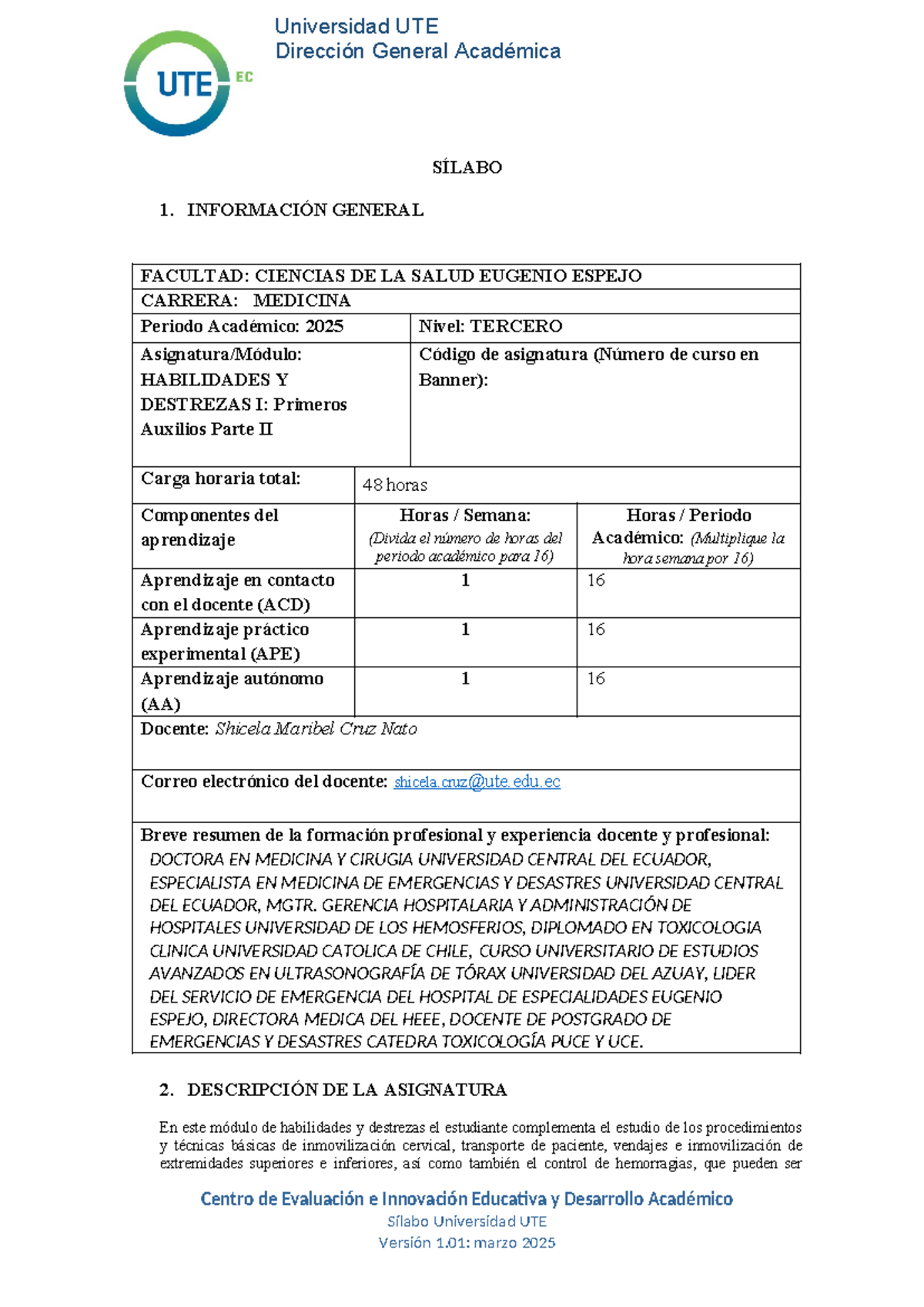 Sílabo Medicina 3er Nivel: Primeros Auxilios II - UTE 2025 - Studocu