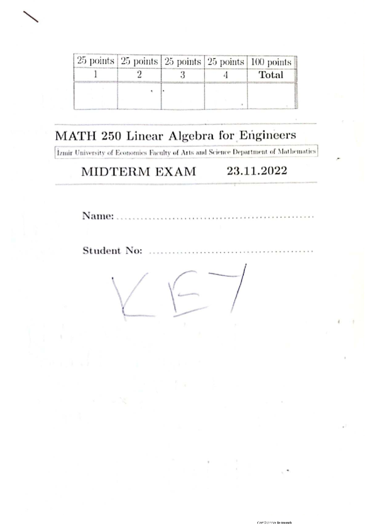 MATH 250 Midterm Exam Key - Linear Algebra for Engineers - Studocu