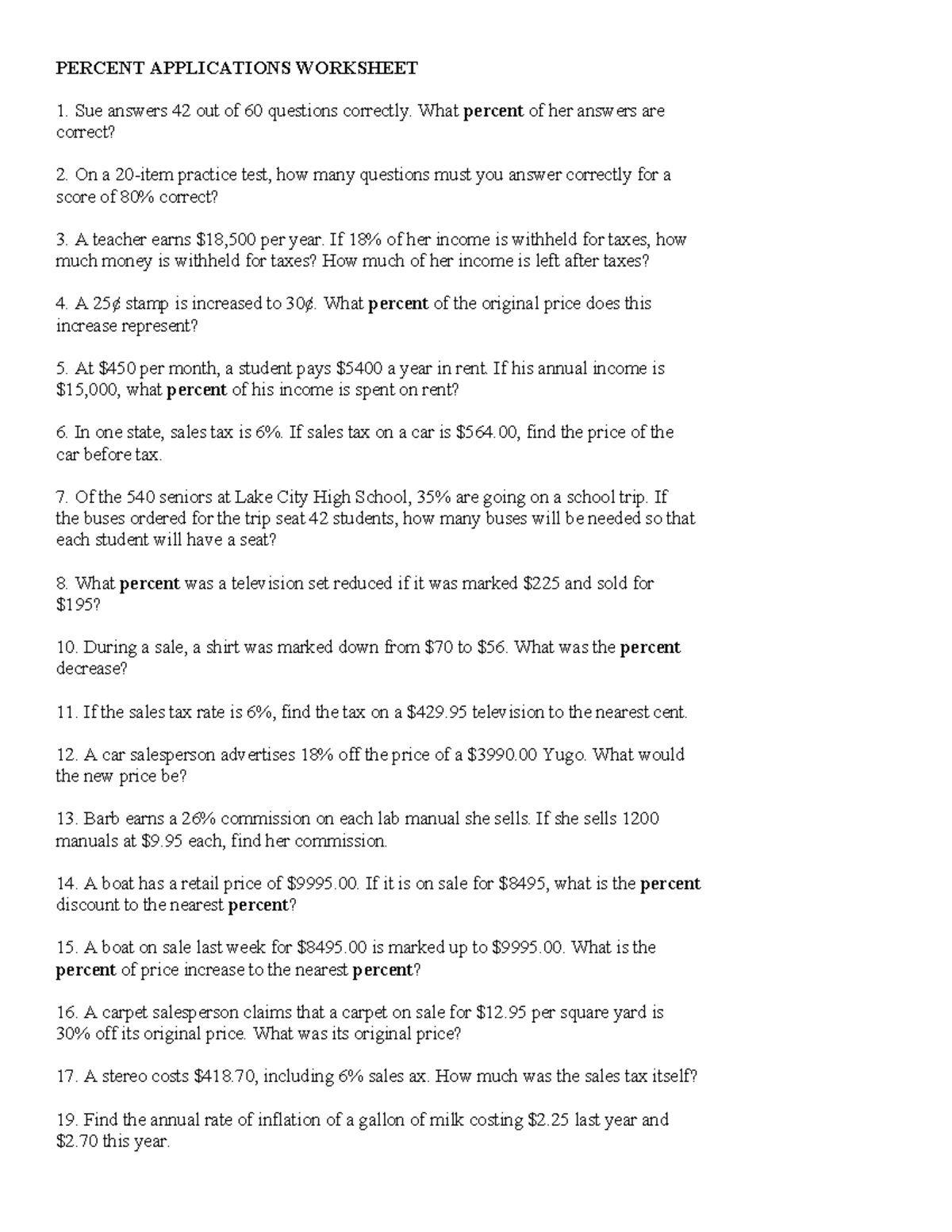 Percentage Applications Worksheet: Practice Problems and Solutions ...