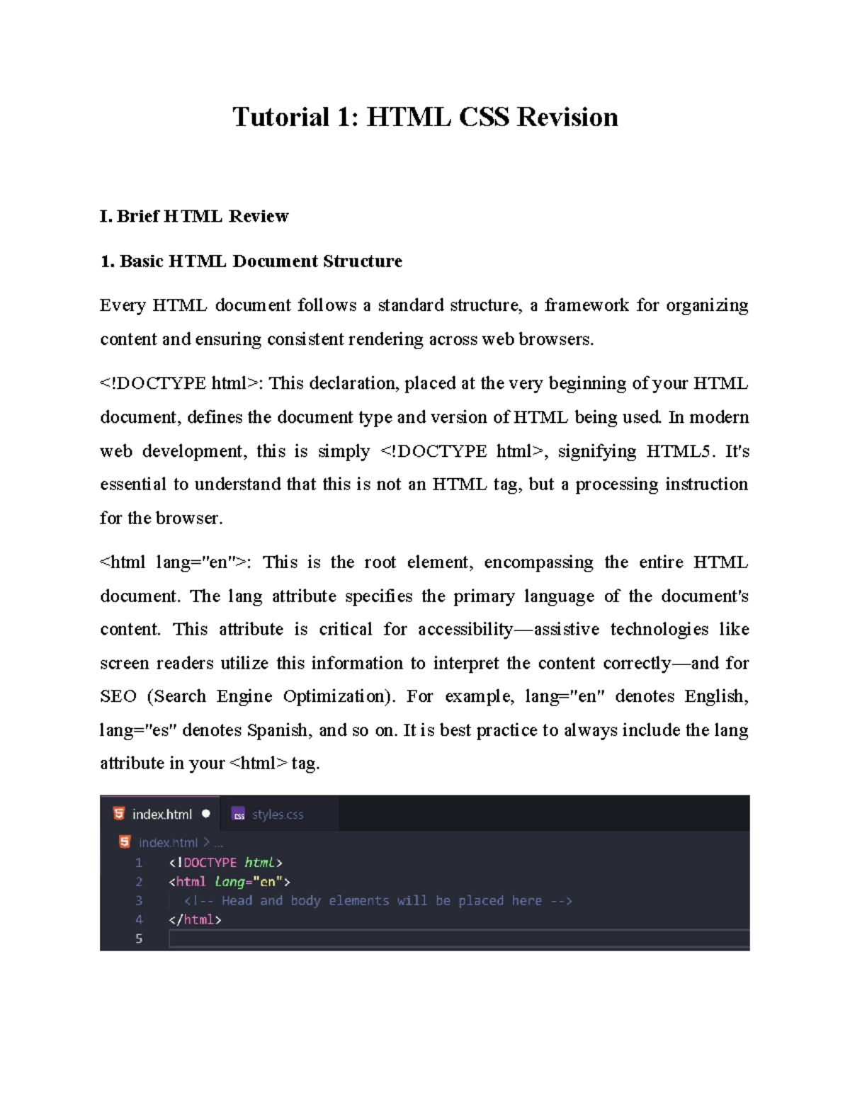 Tutorial 1 - HTML CSS Revision - Brief HTML Review Basic HTML Document ...