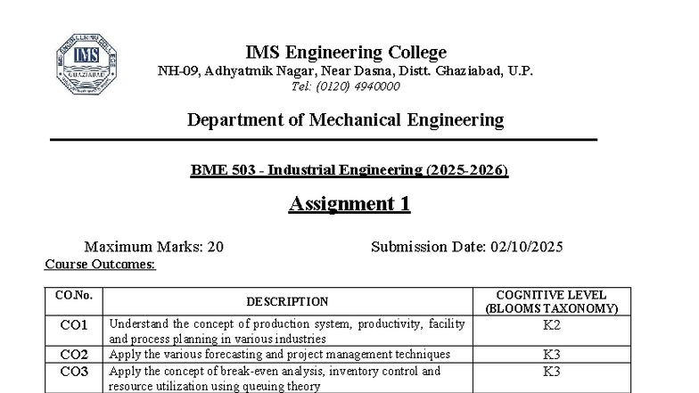 BME 503 Industrial Engineering Assignment 1: A1 IE Insights - Studocu