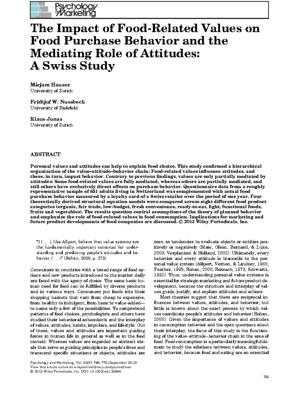 The Impact of Food-Related Values on Purchase Behavior: A Swiss Study ...