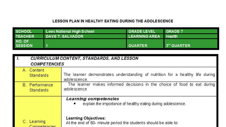 Grade 7 Health Lesson Plan: Importance of Healthy Eating in Adolescence ...