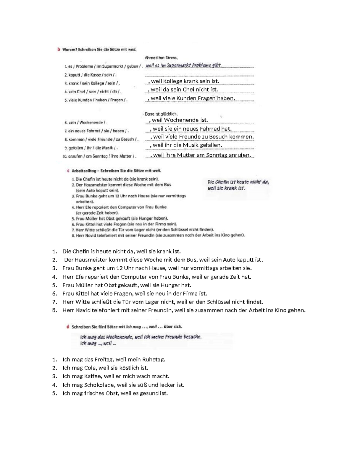 HAG 9 - German A2: Sentences Using "Weil" for Daily Situations - Studocu