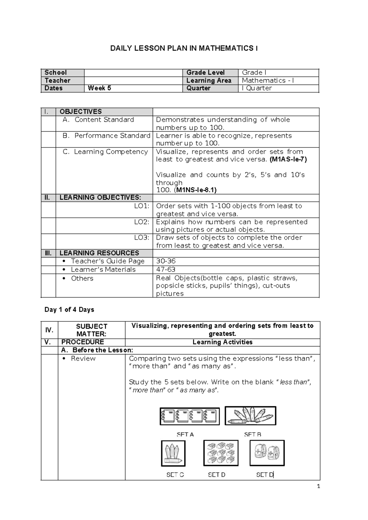 508329501-Math I Week 5 Lesson Plan: Ordering Sets & Skip Counting ...