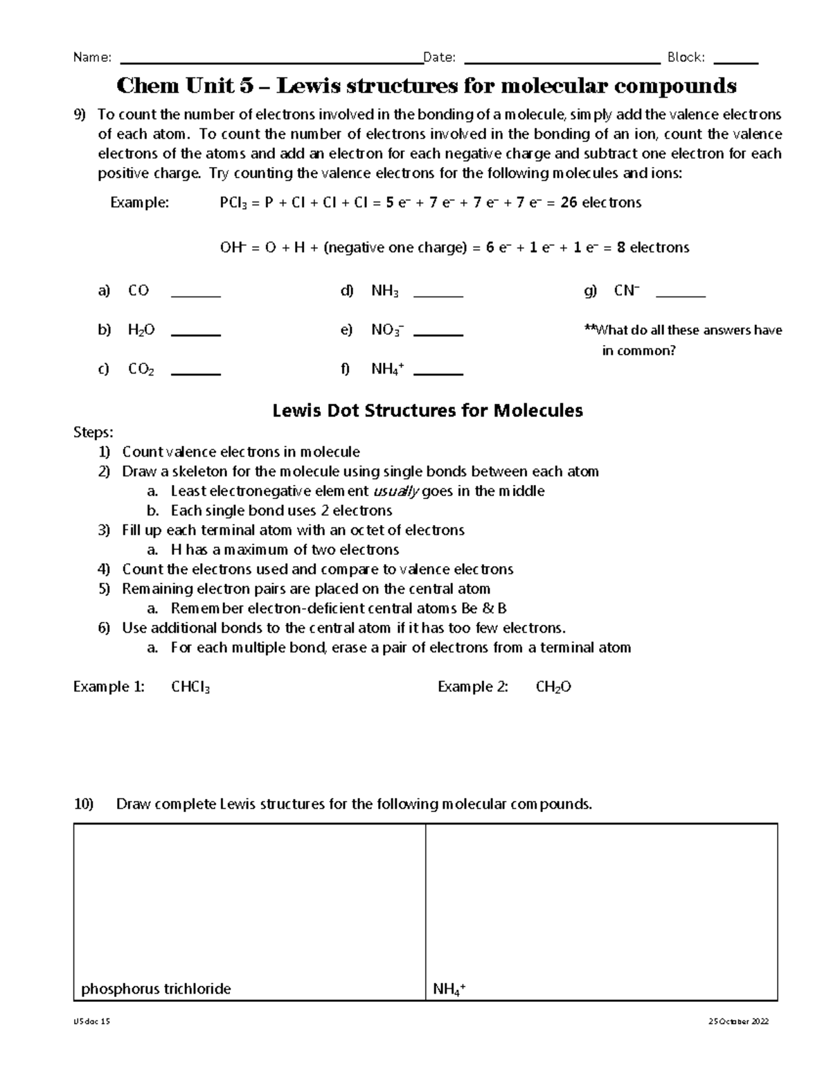 Chem Unit 5: Lewis Structures for Molecular Compounds Worksheet - Chem ...