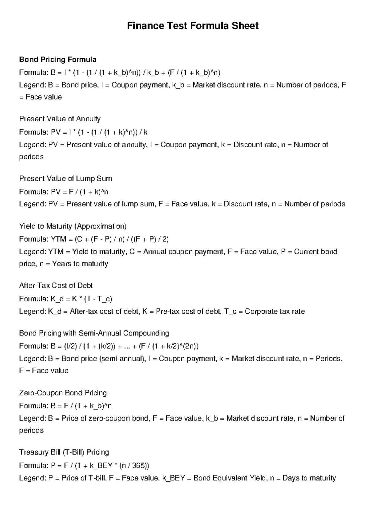 Finance Formulas - Finance Test Formula Sheet Bond Pricing Formula ...