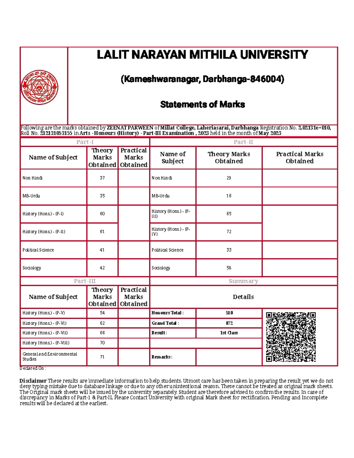 Ishteyaque part 3 Marksheet - LALIT NARAYAN MITHILA UNIVERSITY (Kameshwaranagar, Darbhanga ...