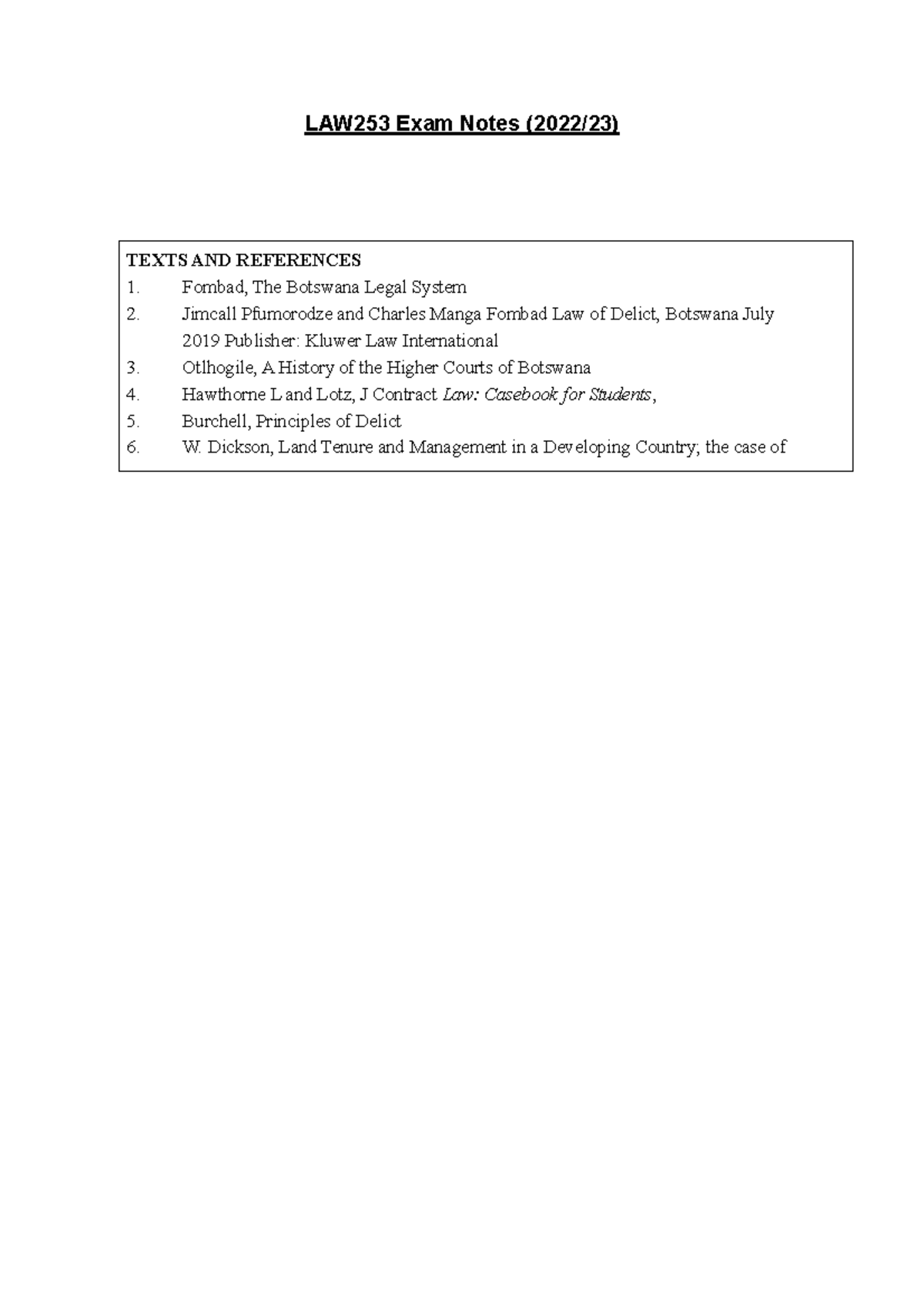 LAW253 Final Exam Notes on Botswana's Legal System and Contracts - Studocu