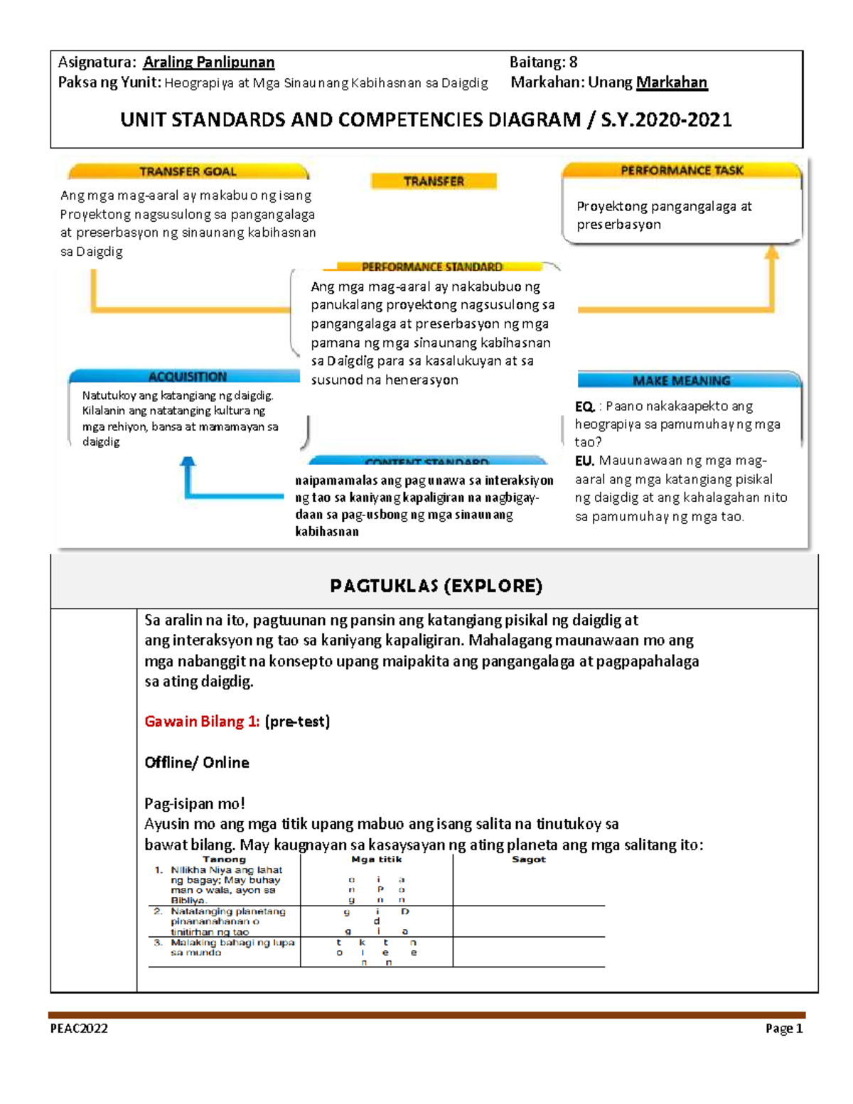 AP8 2020-2021 Learning Plan: Heograpiya at Sinaunang Kabihasnan - Studocu